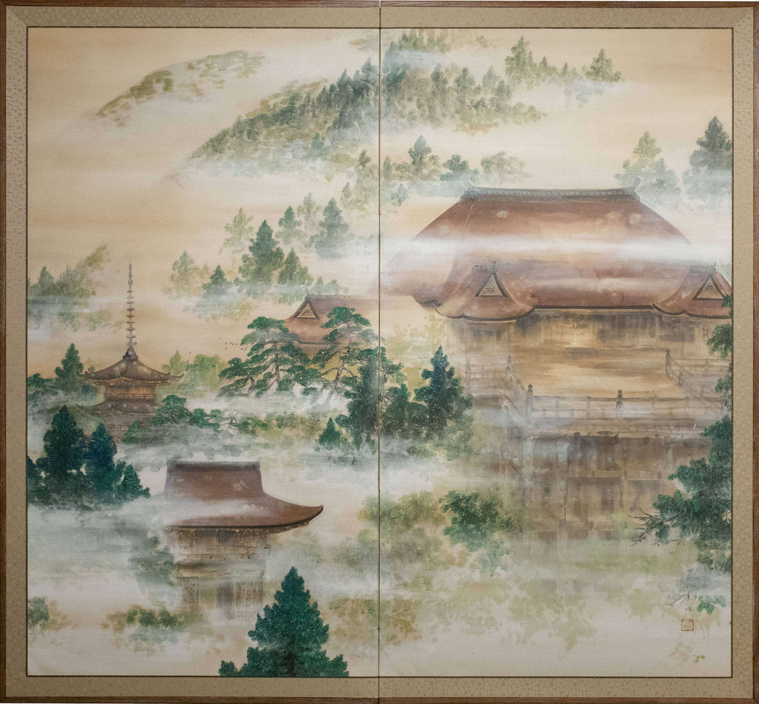 Japanese Two Panel Screen: Spring Mist in Kyoto - Naga Antiques