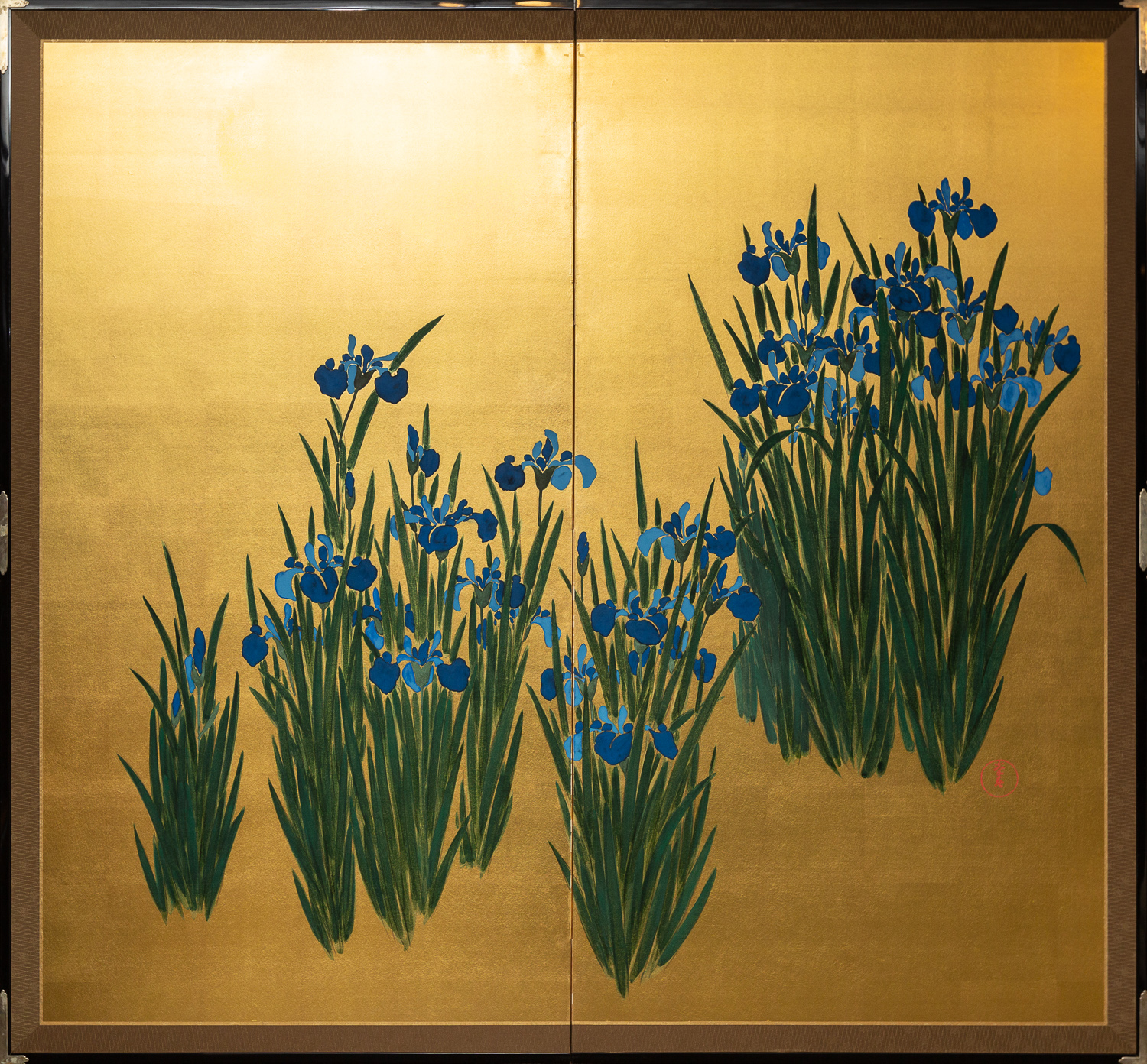 Japanese Two Panel Screen: Irises on Gold - Naga Antiques