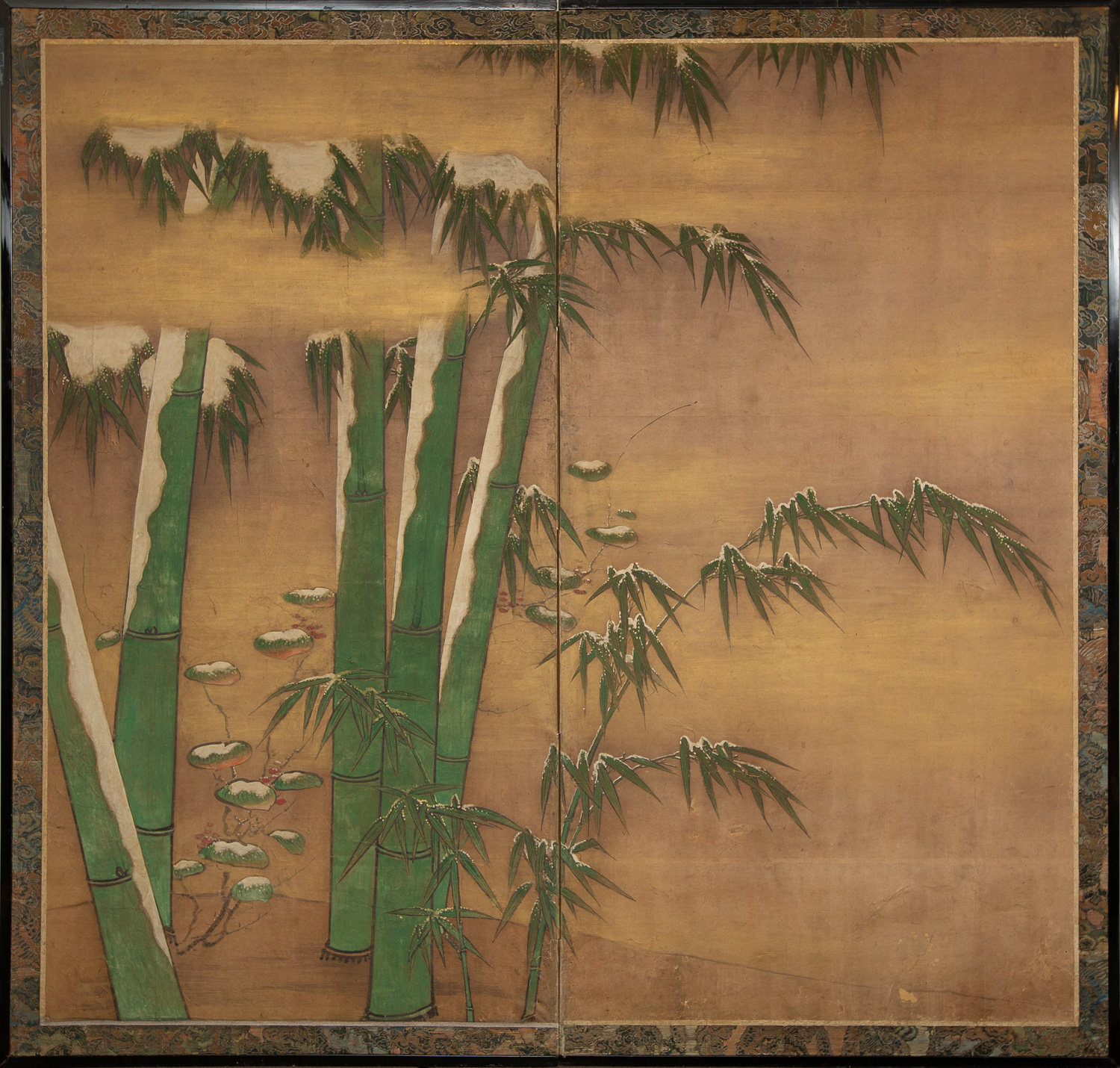 Japanese Two Panel Screen: Bamboo in Early Snow - Naga Antiques