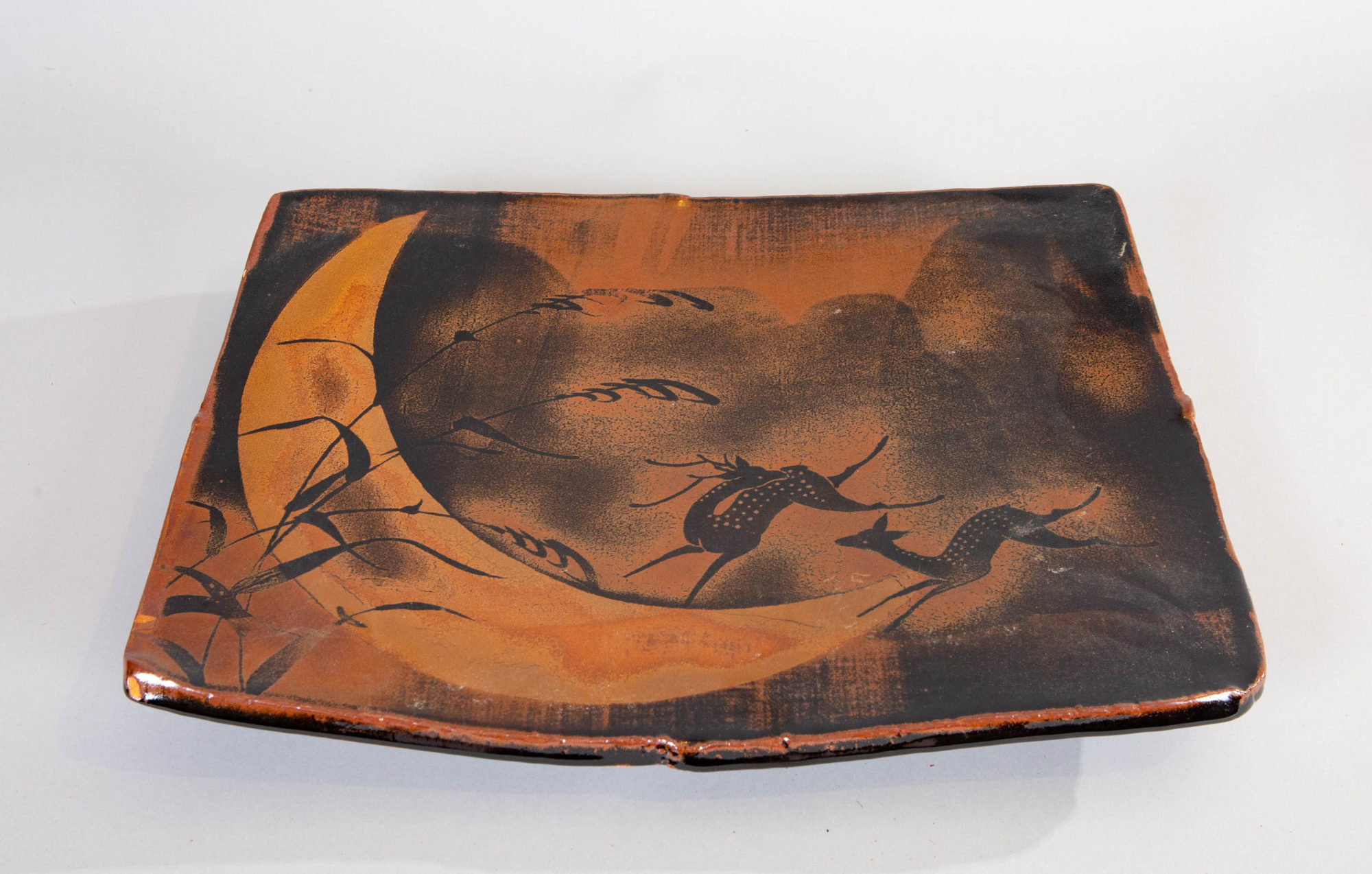 Mashiko-ware Plate with Moon and Buck and Doe - Naga Antiques