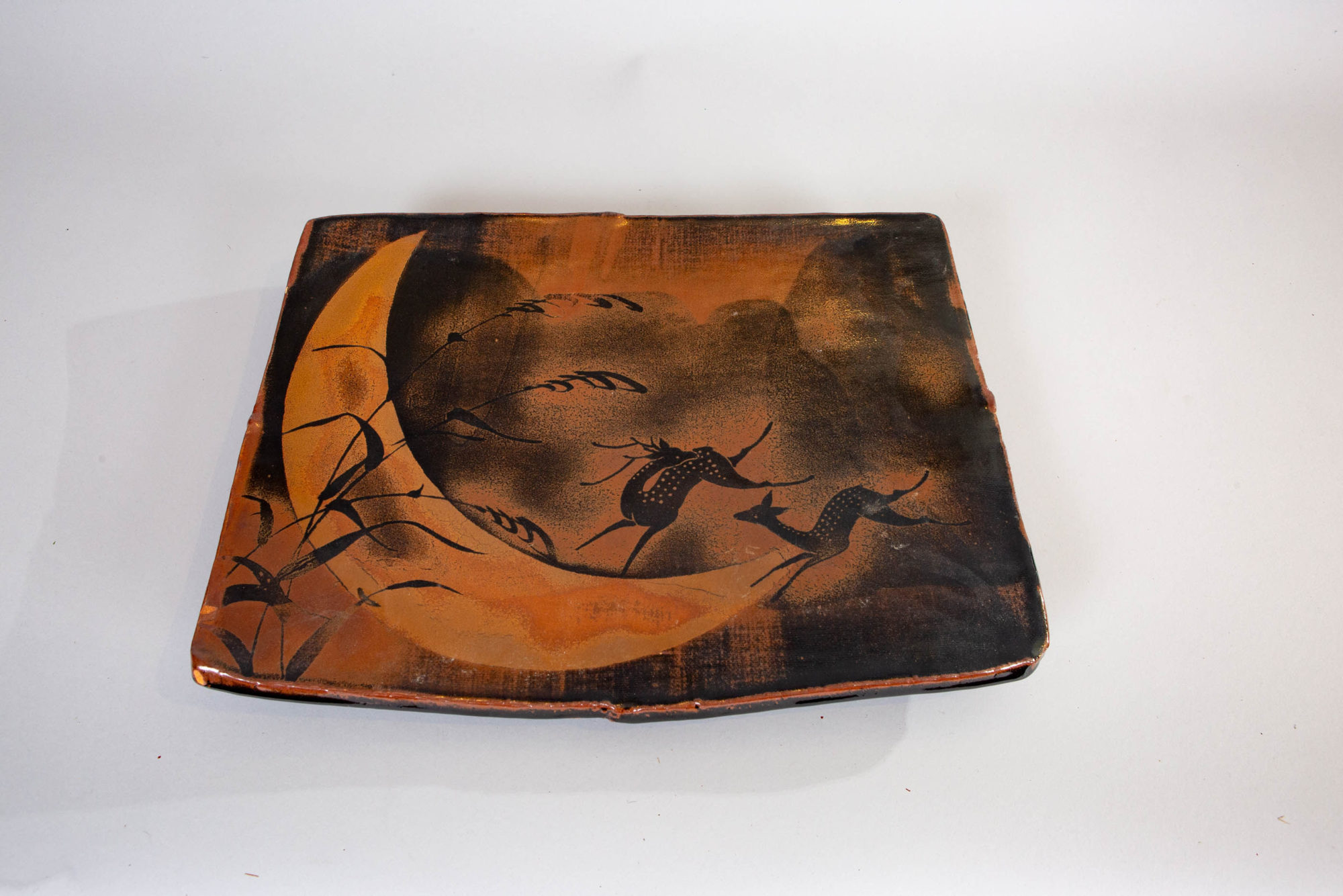 Mashiko-ware Plate with Moon and Buck and Doe - Naga Antiques