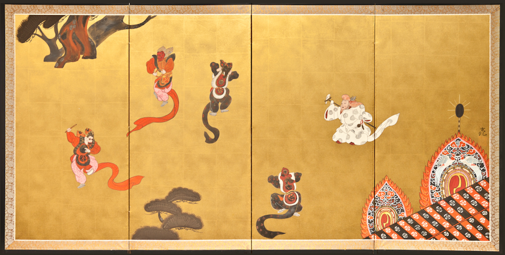 Japanese Four Panel Screen: Dancing Figures - Naga Antiques