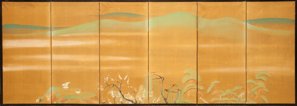 Japanese Six Panel Screen: Plum, Willow and Pine on Silk - Naga Antiques