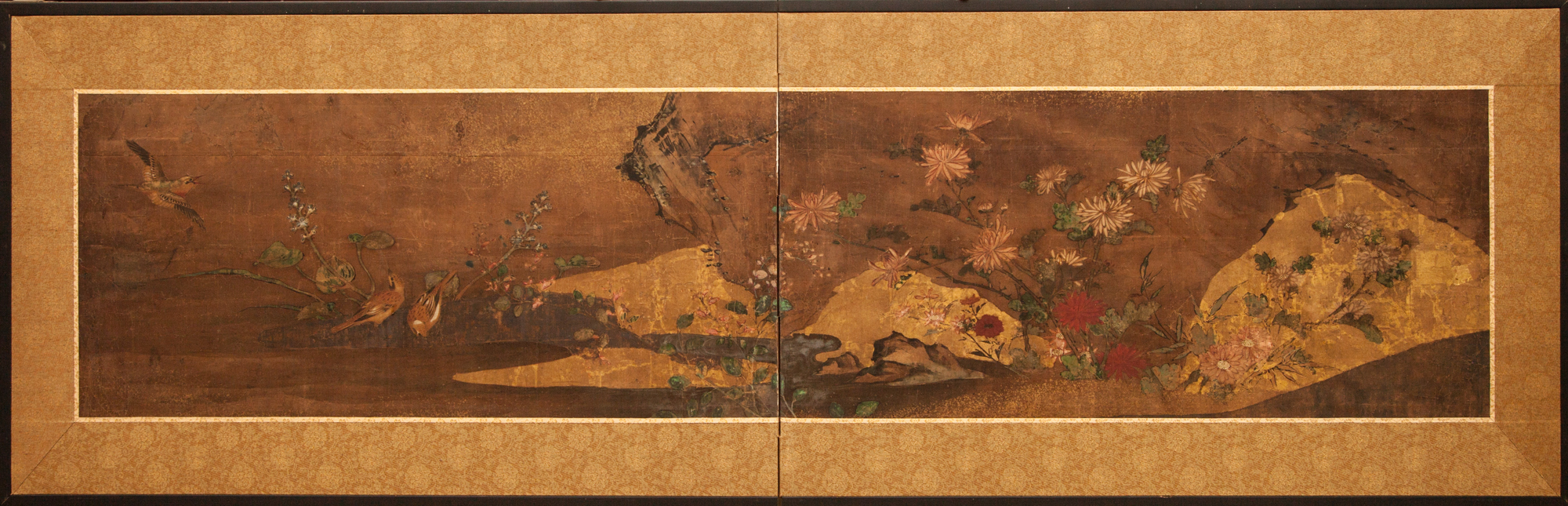 Japanese Two Panel Screen: Sparrows and Flowers - Naga Antiques
