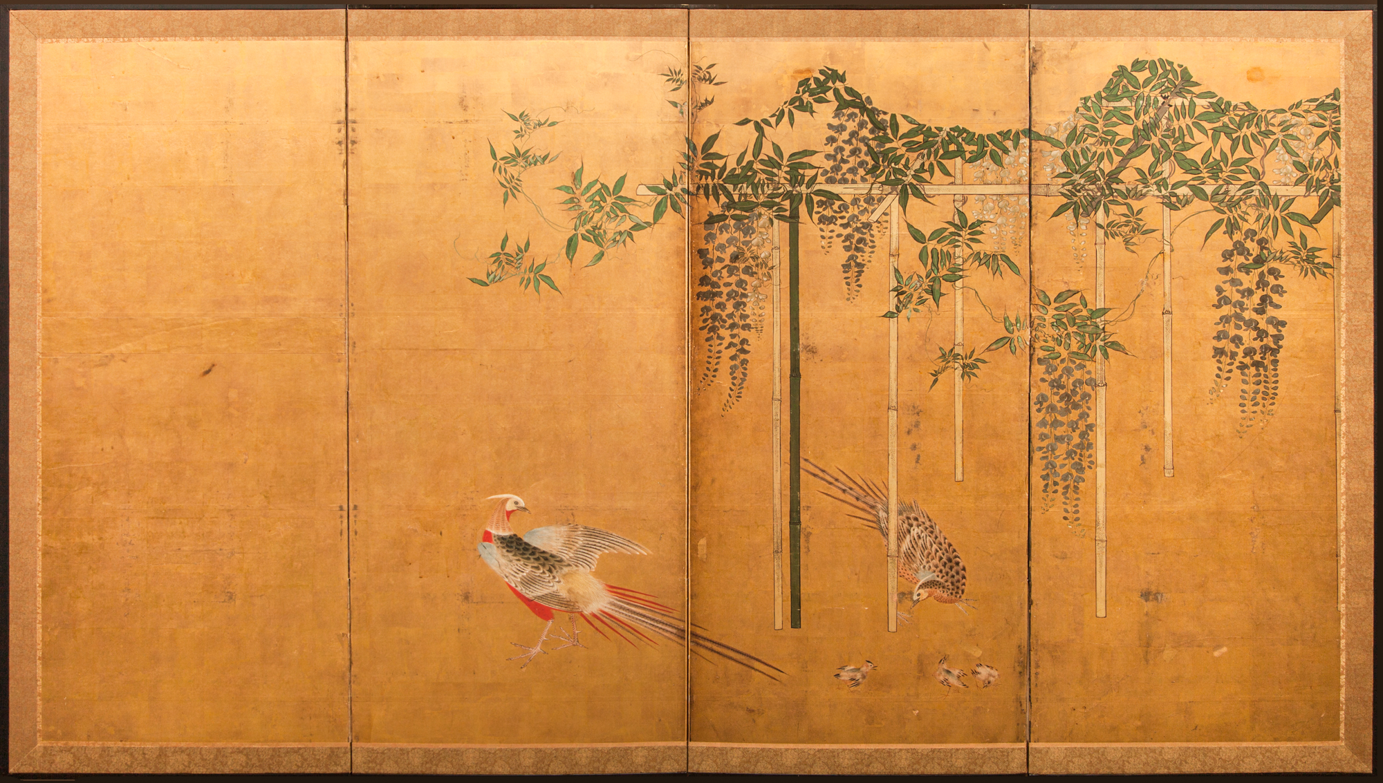 Japanese Four Panel Screen: A Family of Golden Pheasants Under Wisteria ...