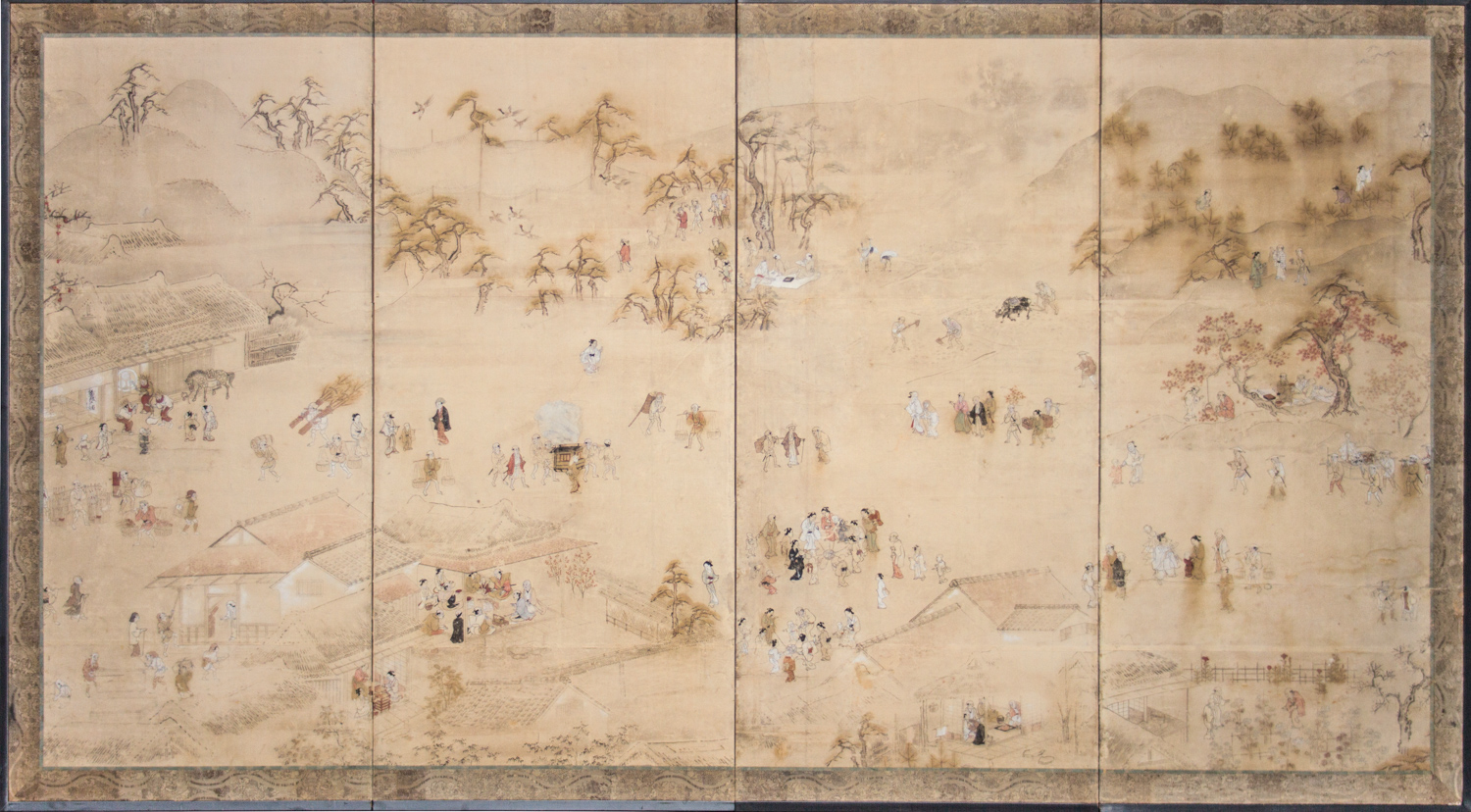 Japanese Four Panel Screen: Country Genre Scene - Naga Antiques