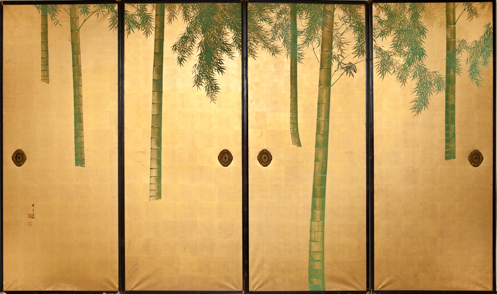 Japanese Four Panel Screen: Fusuma Door Paintings of Bamboo on Gold ...