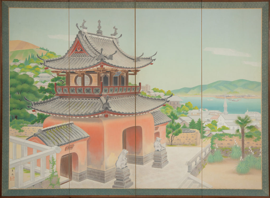 Japanese Four Panel Screen: Okinawa Painting of a Temple Scene - Naga ...