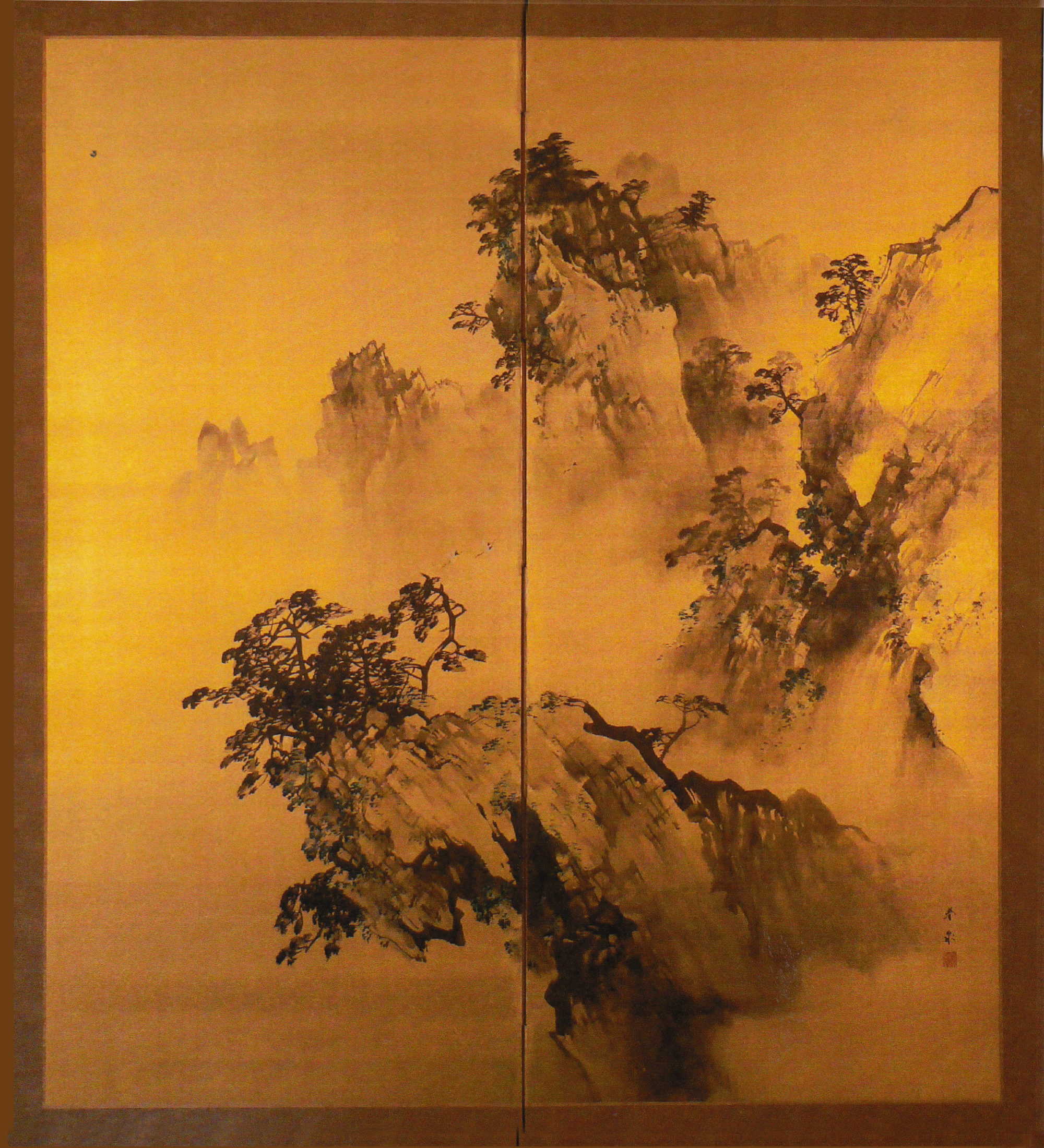Japanese Two Panel Screen: Craggy Landscape on Gold Silk - Naga Antiques