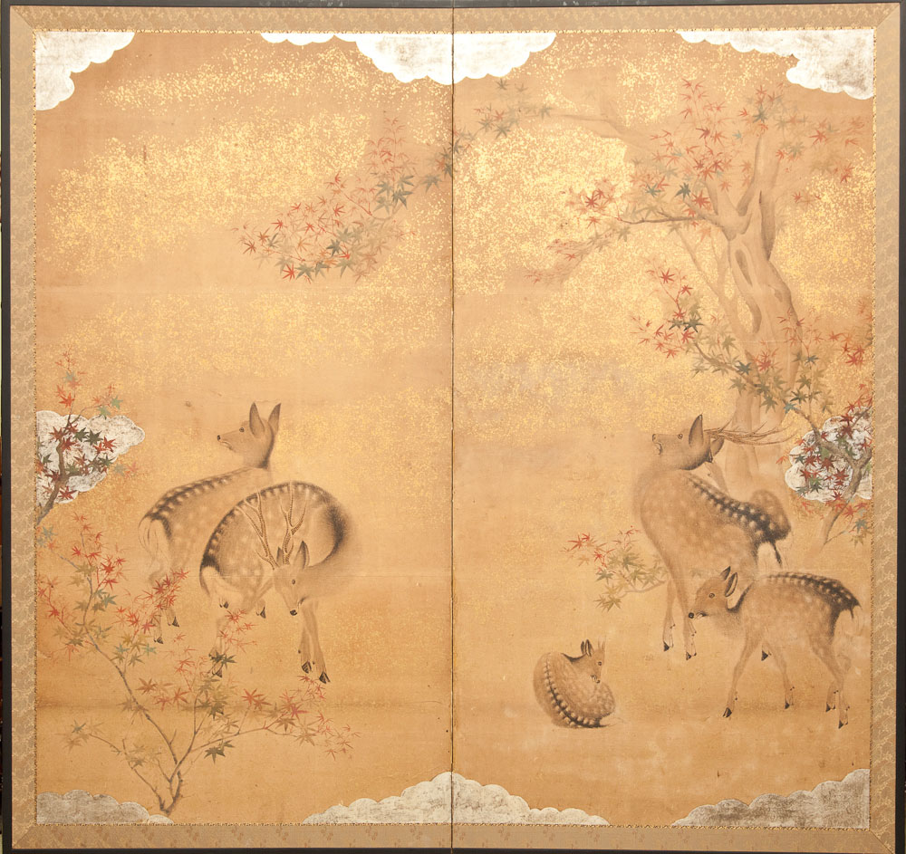 Japanese Two Panel Screen: Nara Deer in Gentle Yoshino Landscape - Naga ...