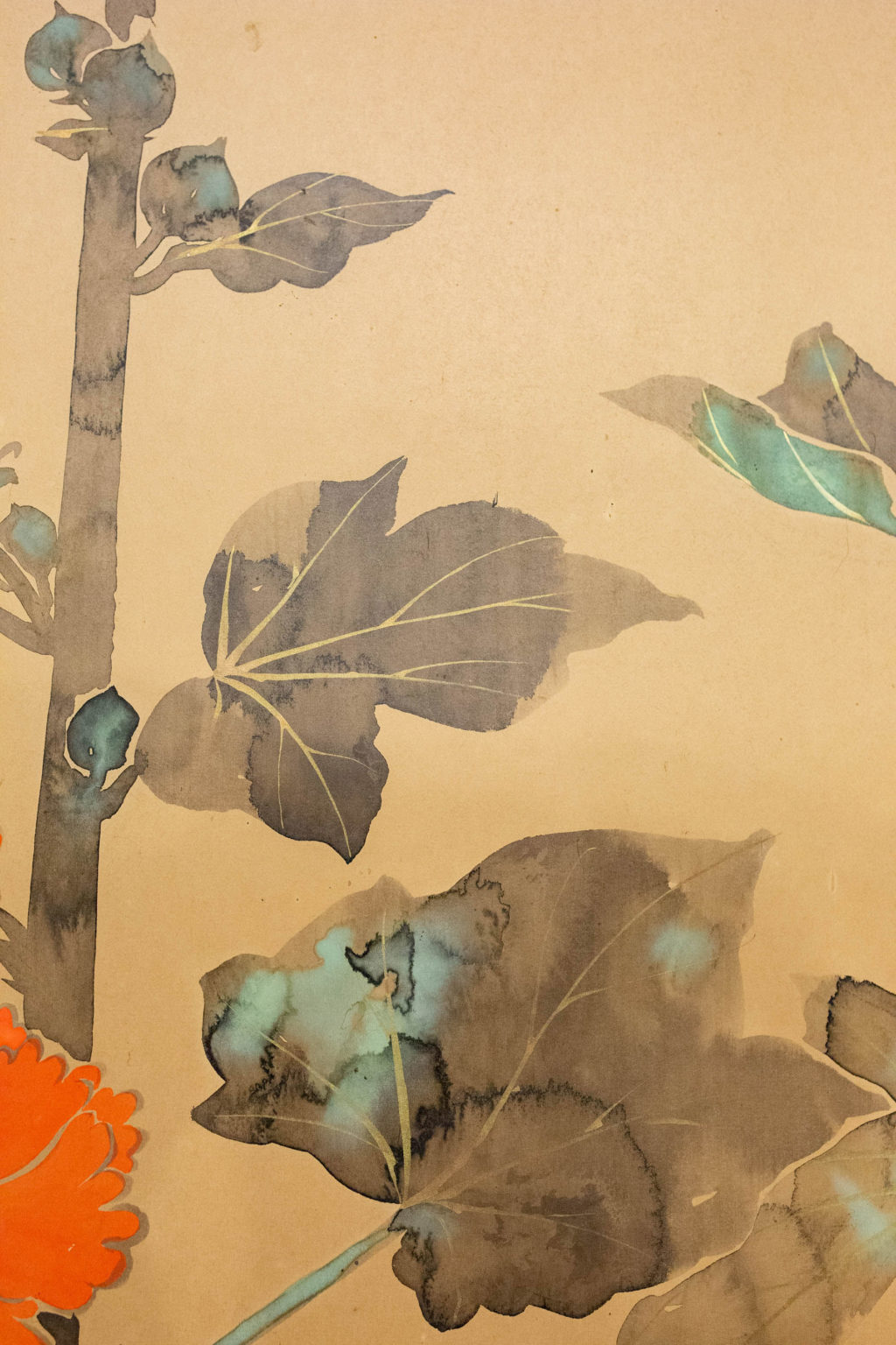 Japanese Two Panel Screen: Rimpa Style Painting of Hollyhocks - Naga ...