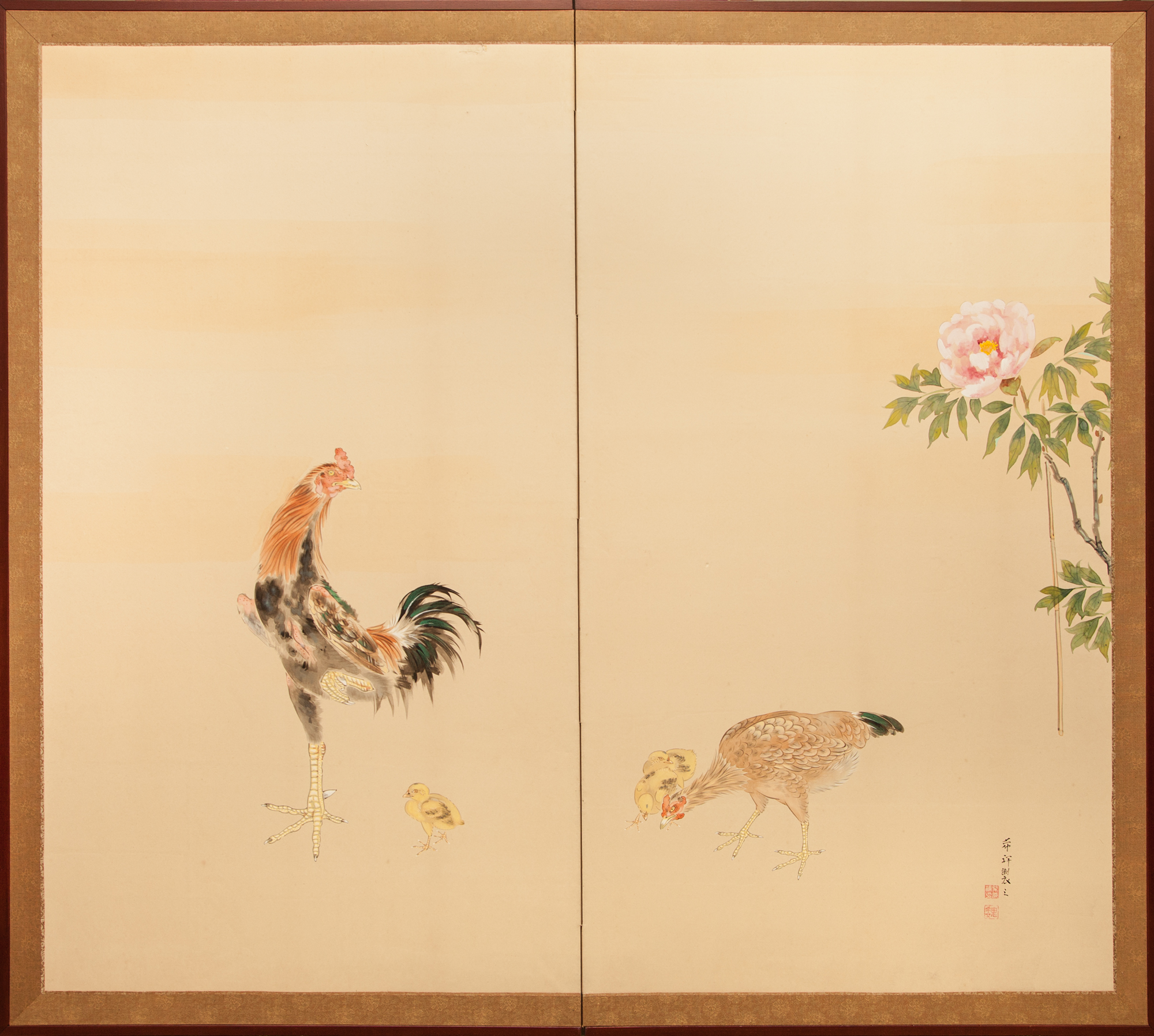 Japanese Two Panel Screen: Rooster, Hen, and Chicks - Naga Antiques
