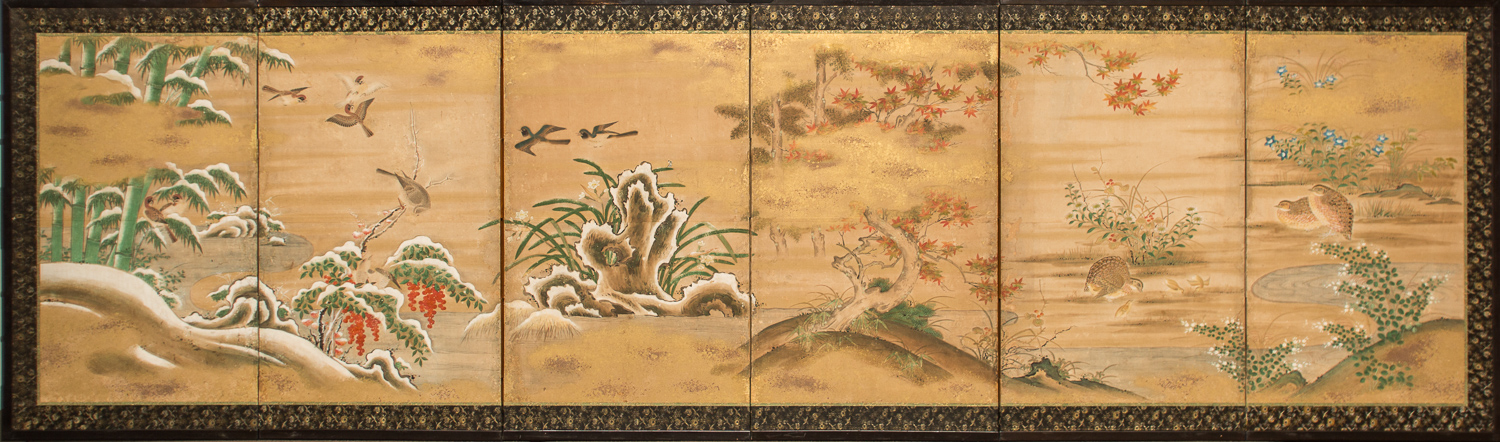 Japanese Six Panel Screen: Rimpa School Painting of Winter Into Spring ...
