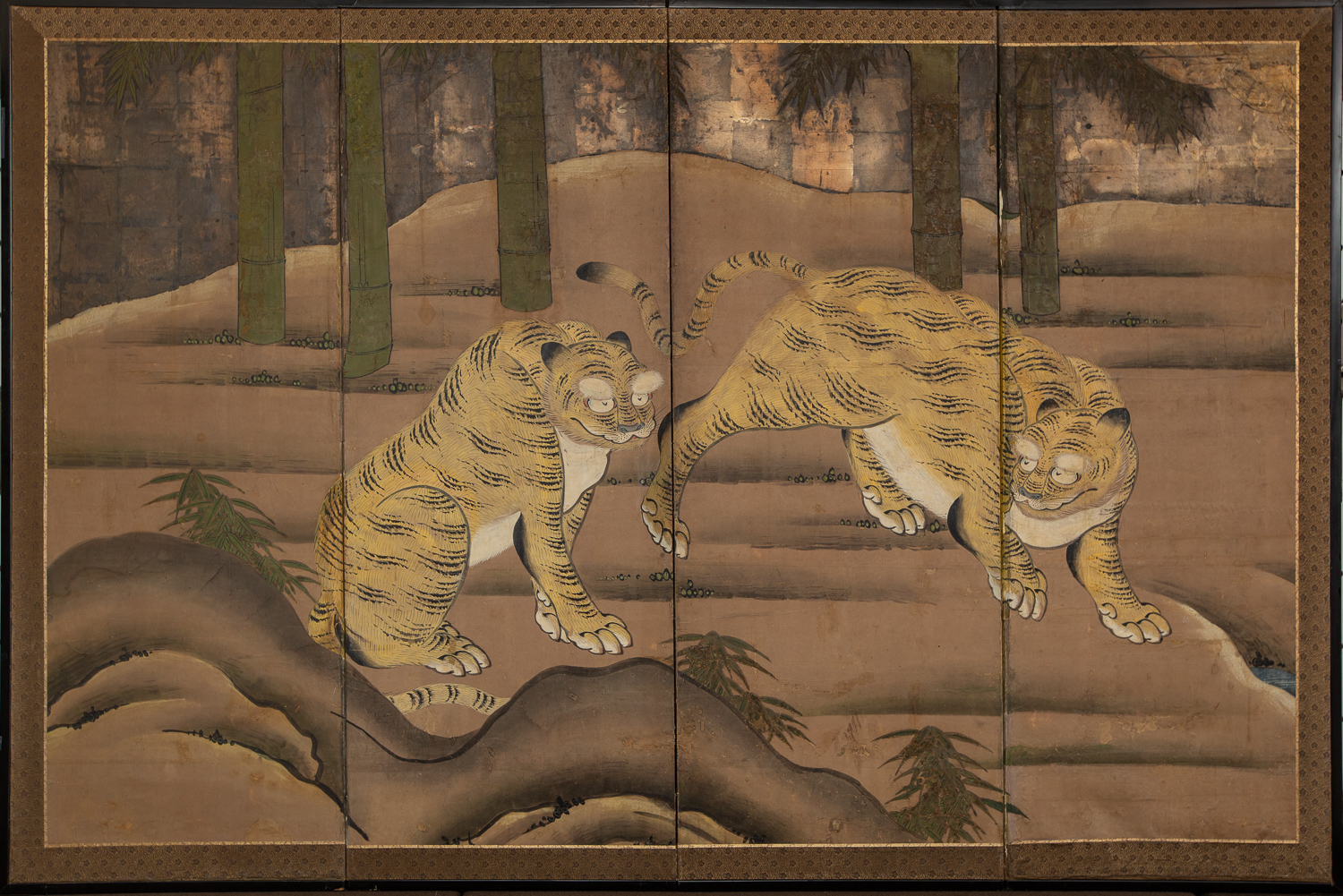 Japanese Four Panel Screen: Two Tigers Exchanging Amorous Glances ...