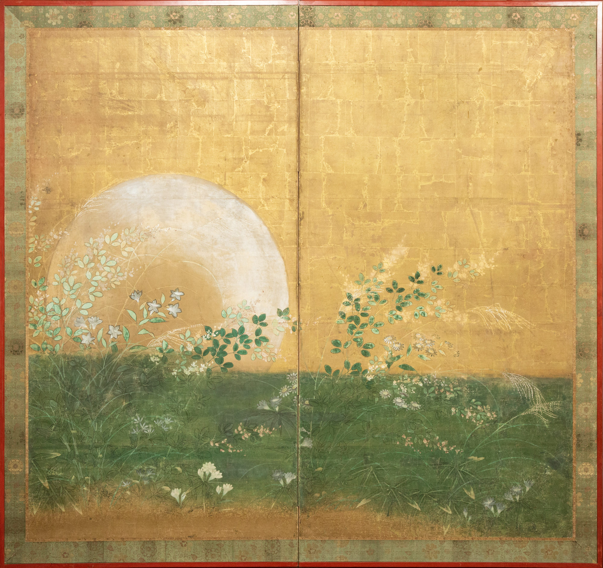 Japanese Two Panel Screen: Plains of Musashino with Full Moon Rising ...