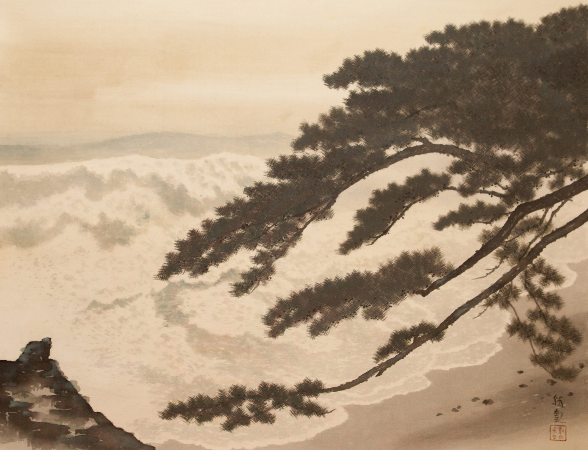 19th Century Japanese Scroll: Ocean Wave and Pine Tree - Naga Antiques
