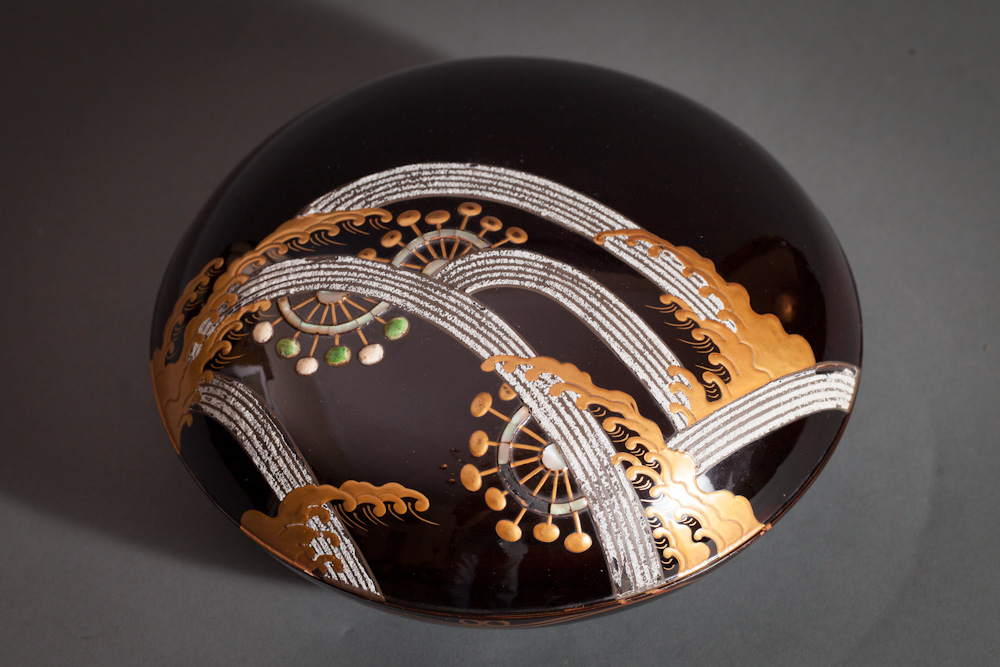 Antique Japanese Round Black Lacquer Box with Wheels in Flowing Stream ...