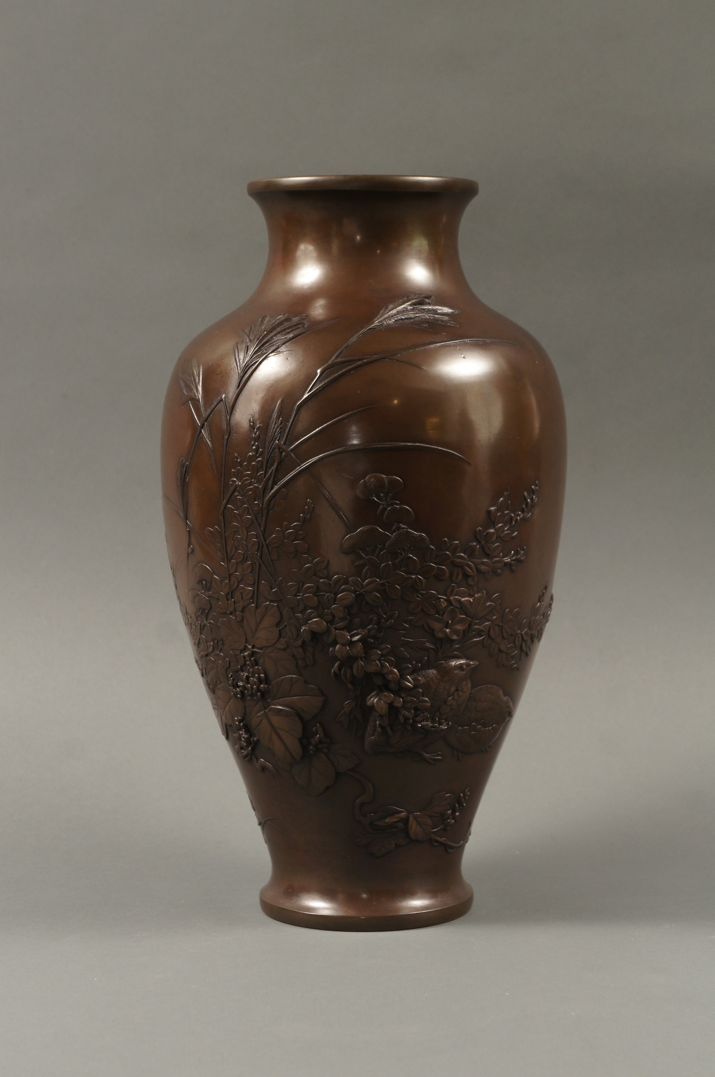 Japanese Bronze Vase with Grasses and Quail Design - Naga Antiques