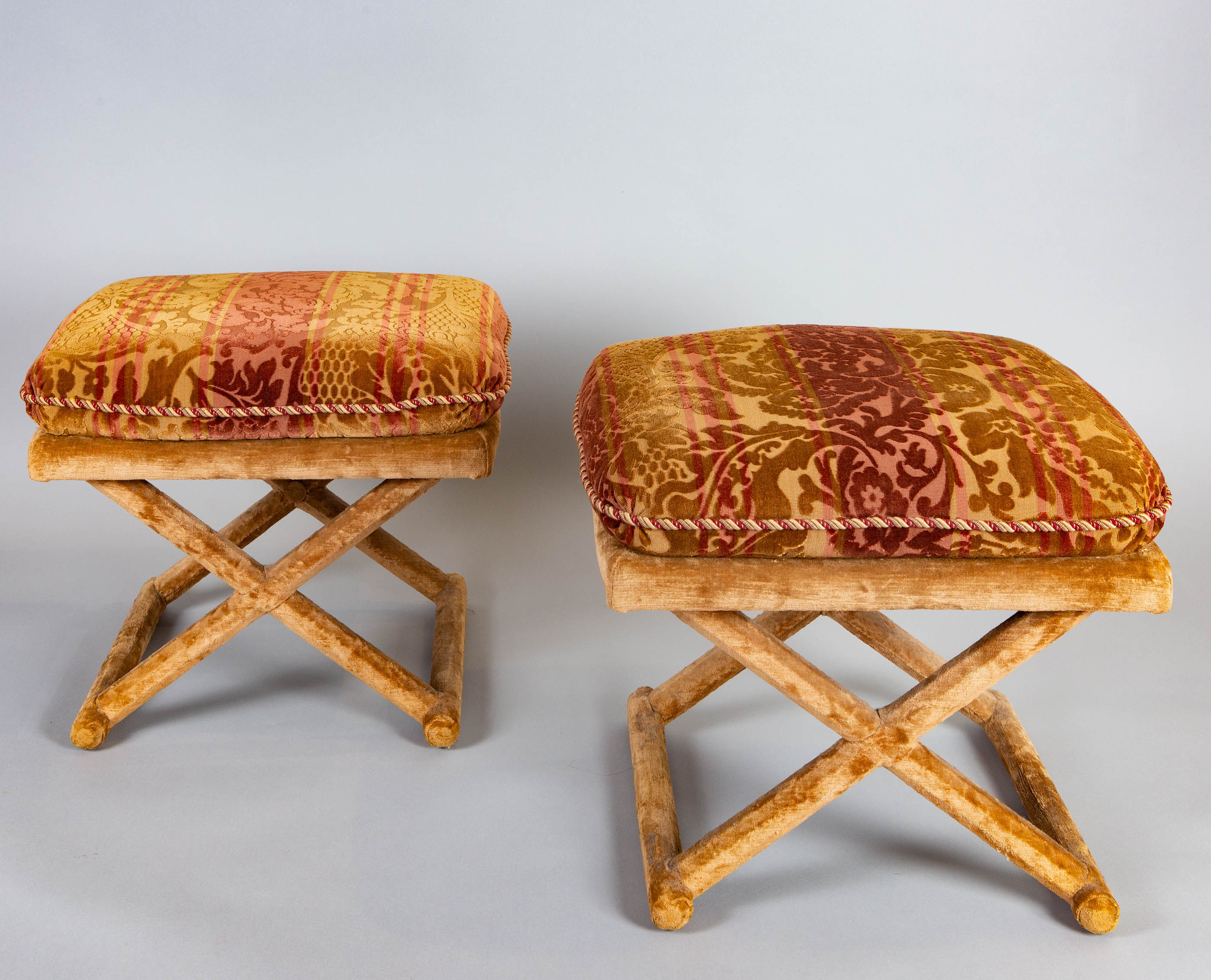Pair of Cut Velvet and Velvet Upholstered X-Form Stools - Naga Antiques
