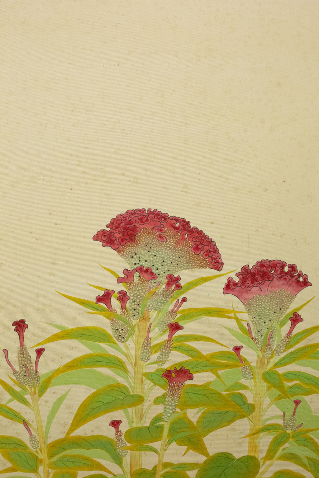 Japanese Two Panel Screen: Nihonga Style Painting of Cockscomb and ...