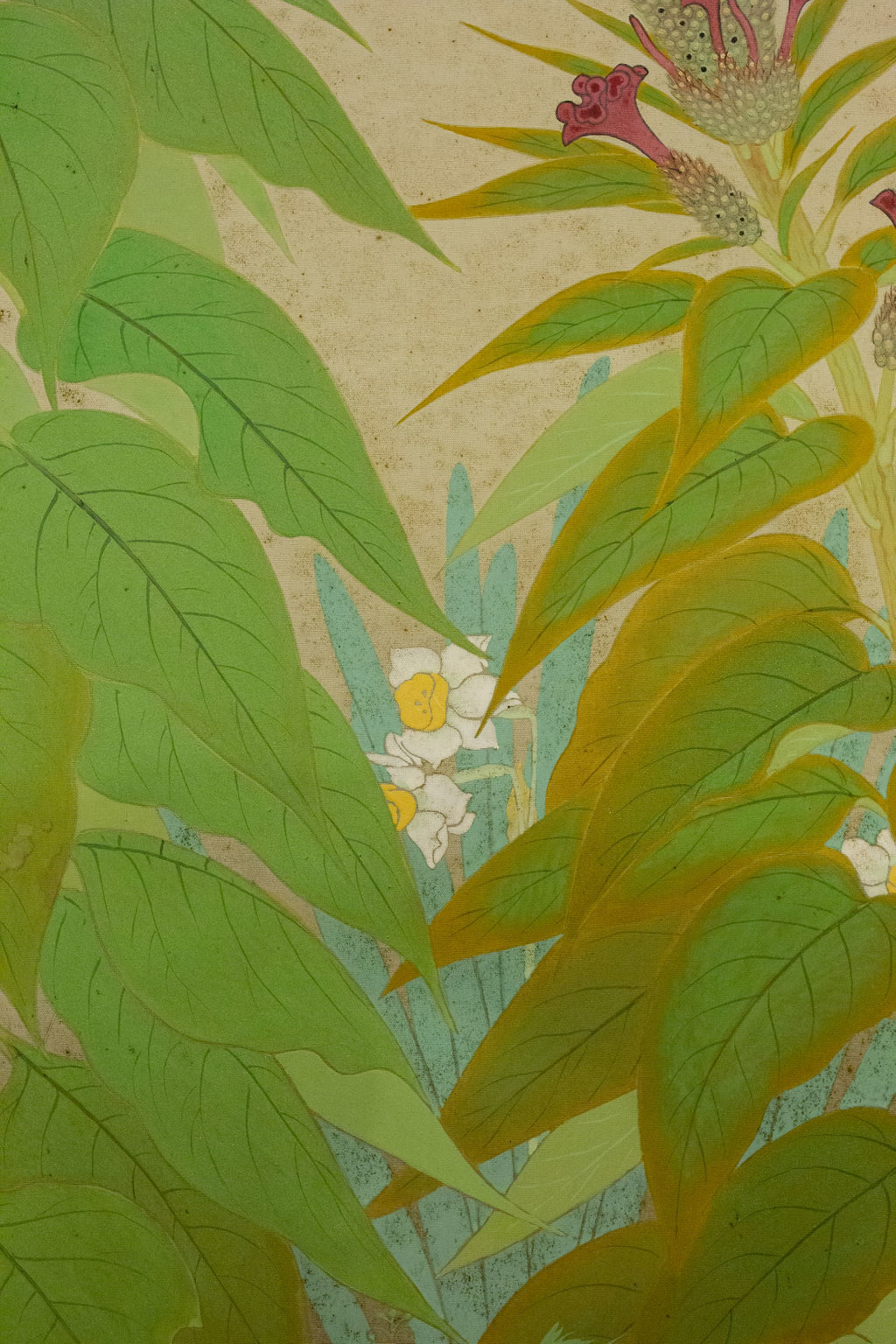 Japanese Two Panel Screen: Nihonga Style Painting of Cockscomb and ...