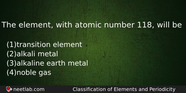 The element, with atomic number 118, will be - NEETLab