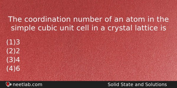 The coordination number of an atom in the simple cubic unit cell in a ...