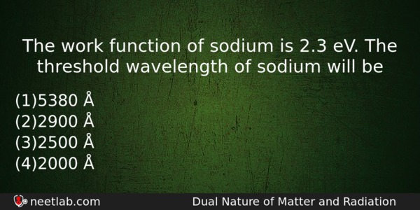 The work function of sodium is 2.3 eV. The threshold wavelength of ...
