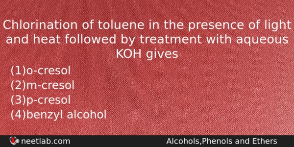 Chlorination of toluene in the presence of light and heat followed by ...