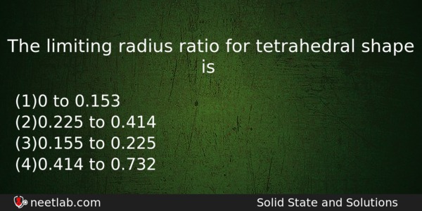The limiting radius ratio for tetrahedral shape is - NEET Lab