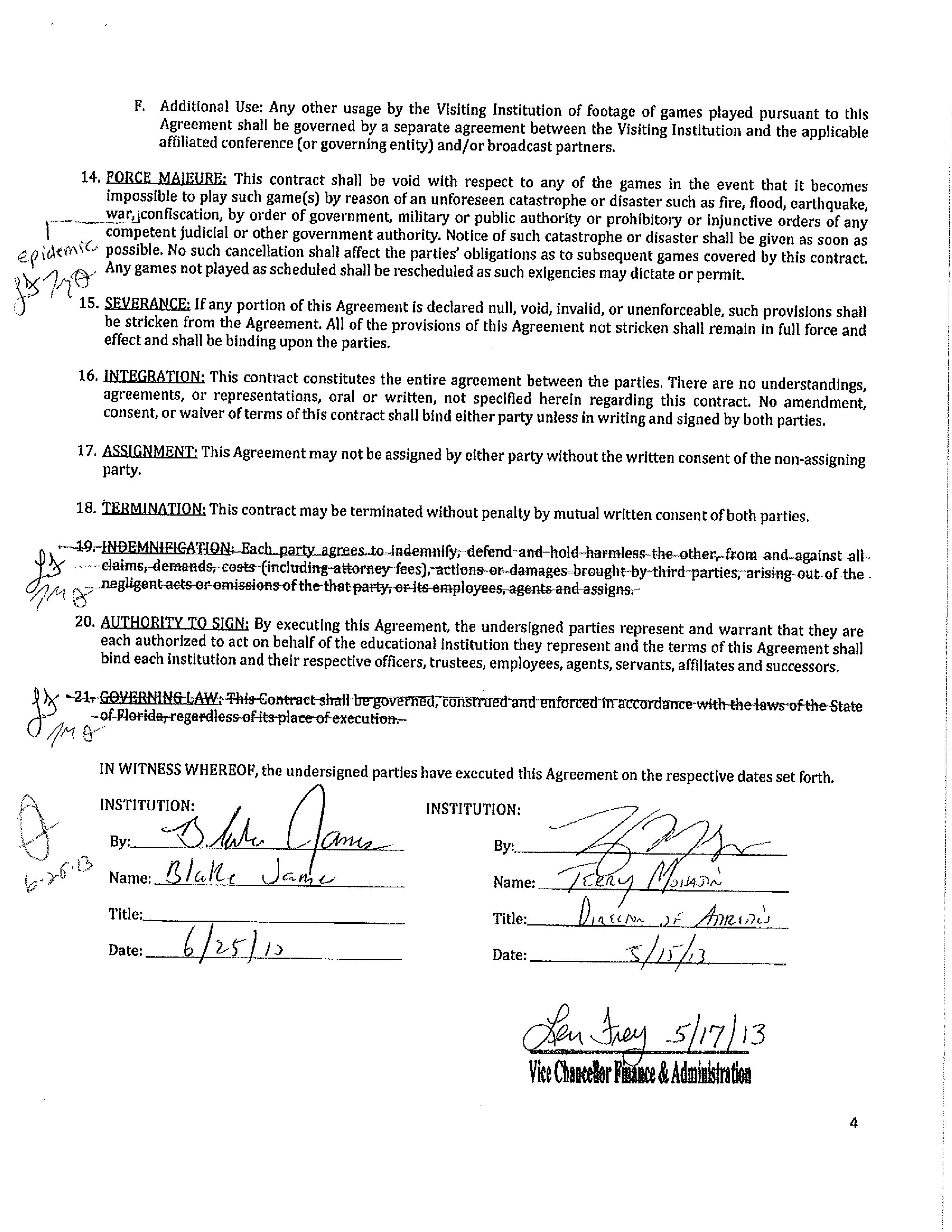 ASU letters, contract with University of Miami
