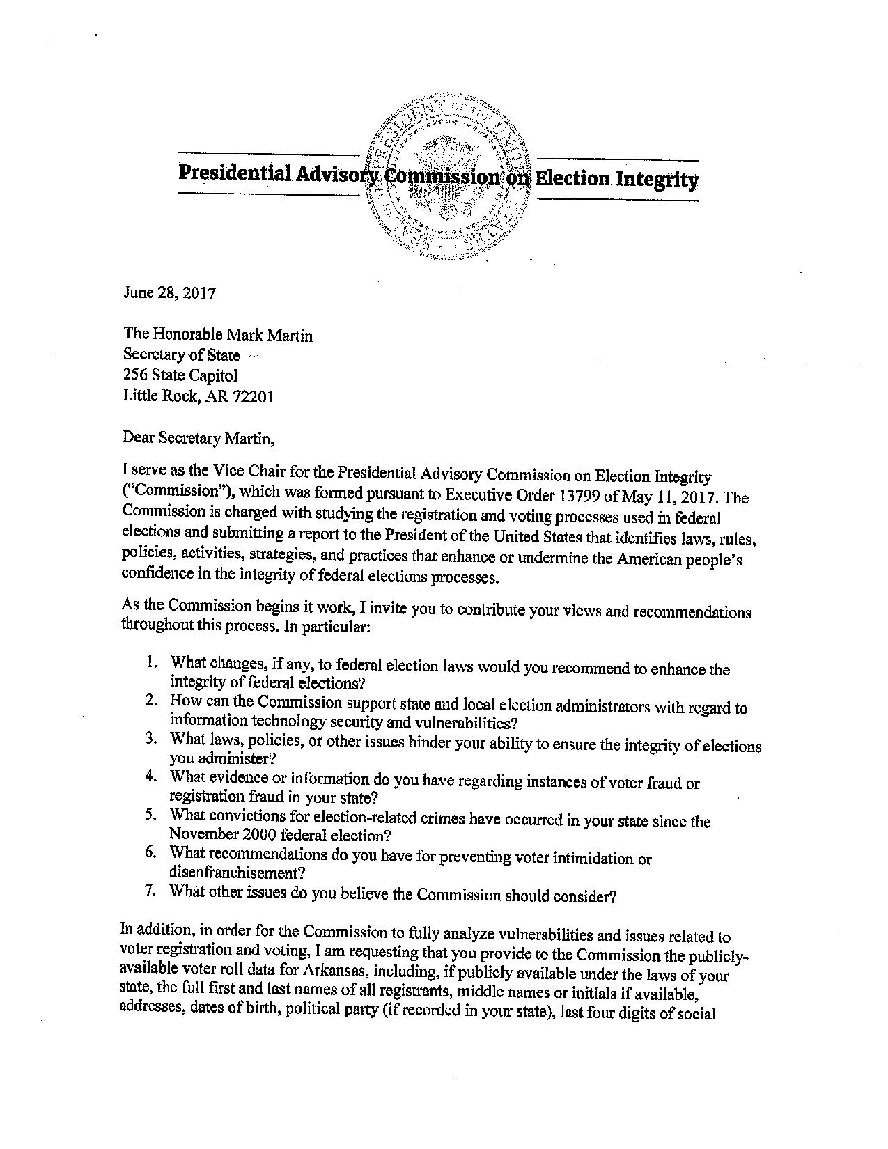 Voter rolls letter from Trump commission | Voter rolls letter from ...