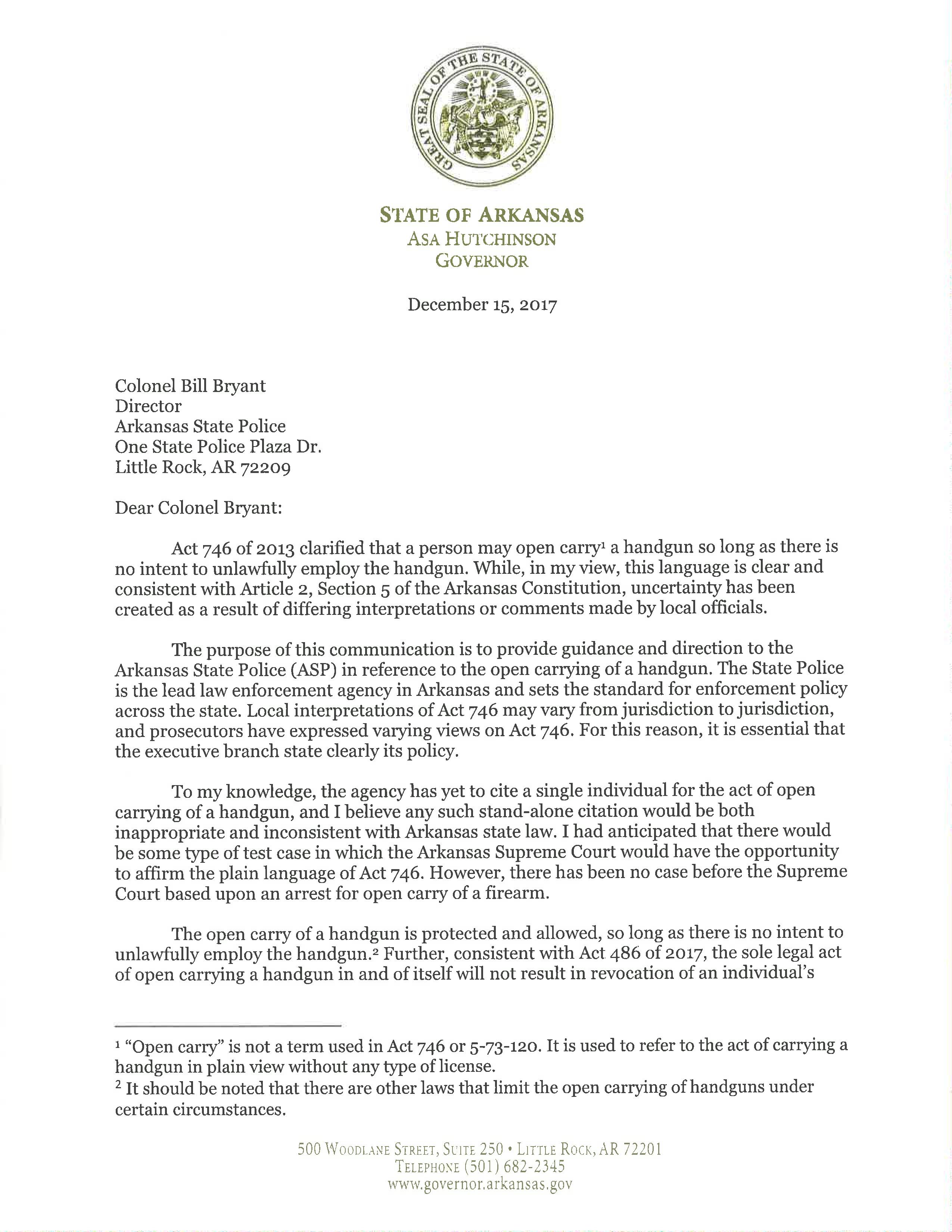 Governor's letter on open carry | Governor's letter on open carry | The ...