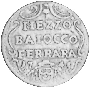 Italian States PAPAL STATES-FERRARA 1/2 Baiocco KM 139 Prices & Values