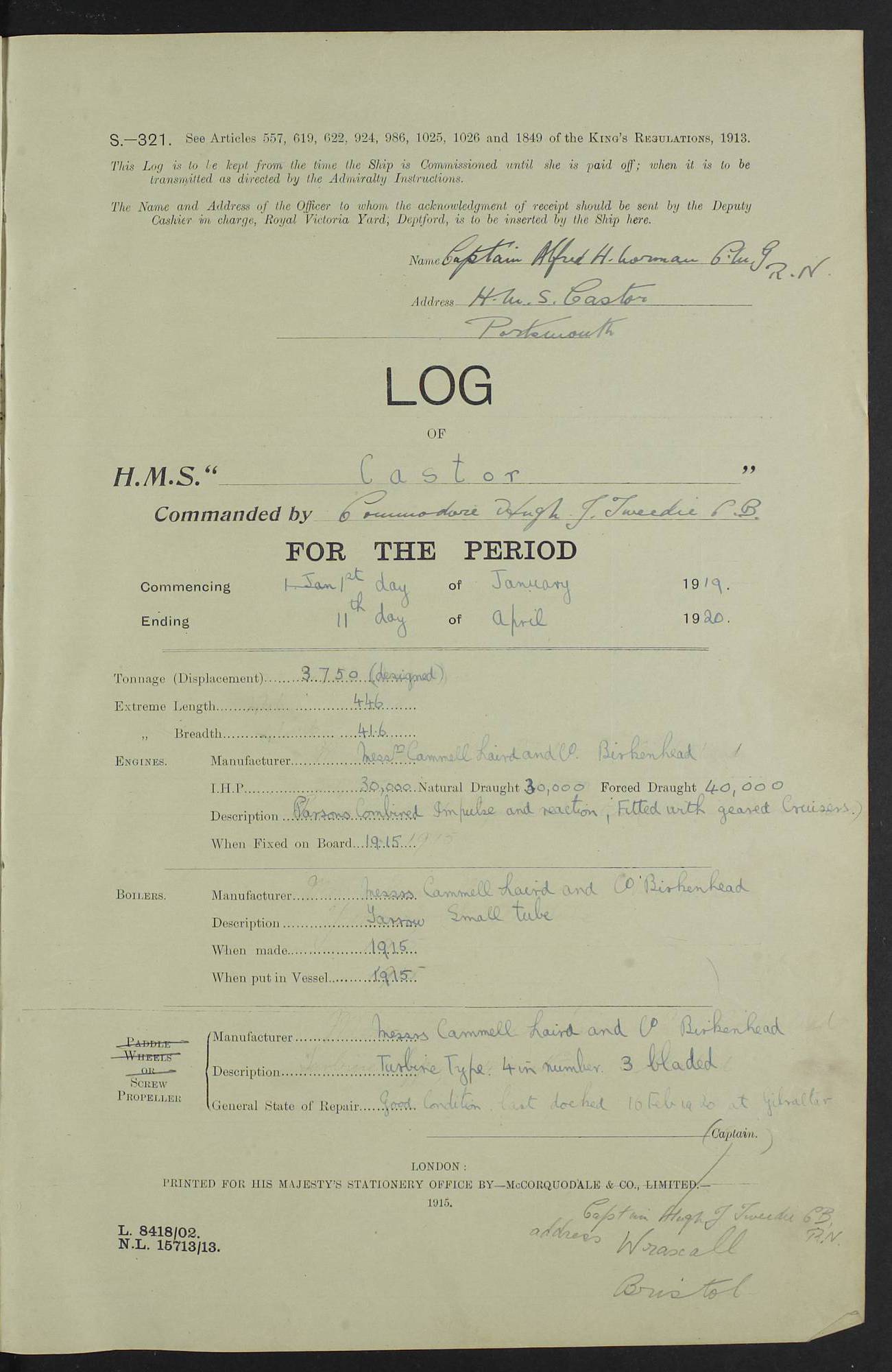 HMS Castor, light cruiser - British warships of World War 1