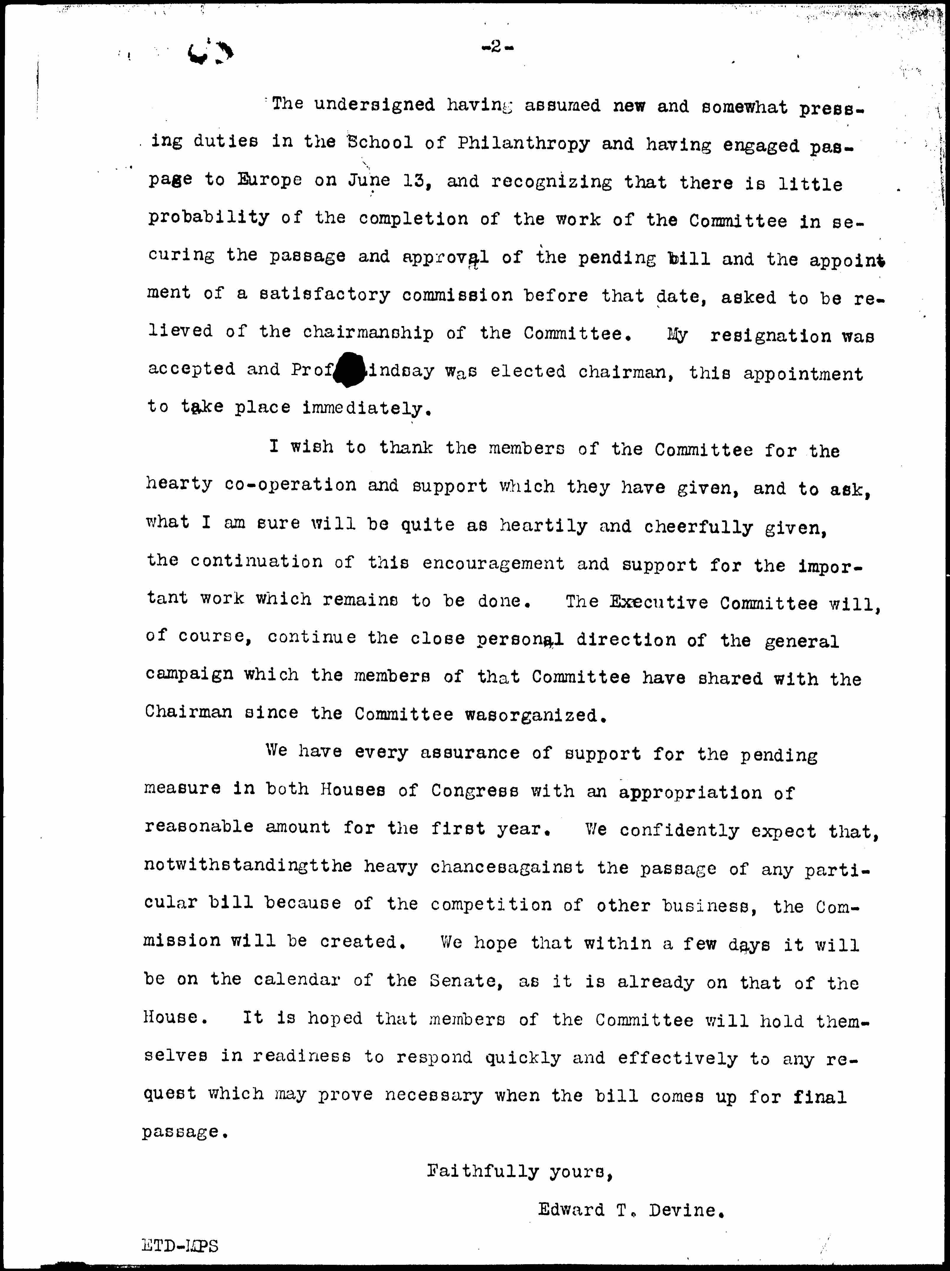 Edward Thomas Devine to Members of the Committee on Industrial ...