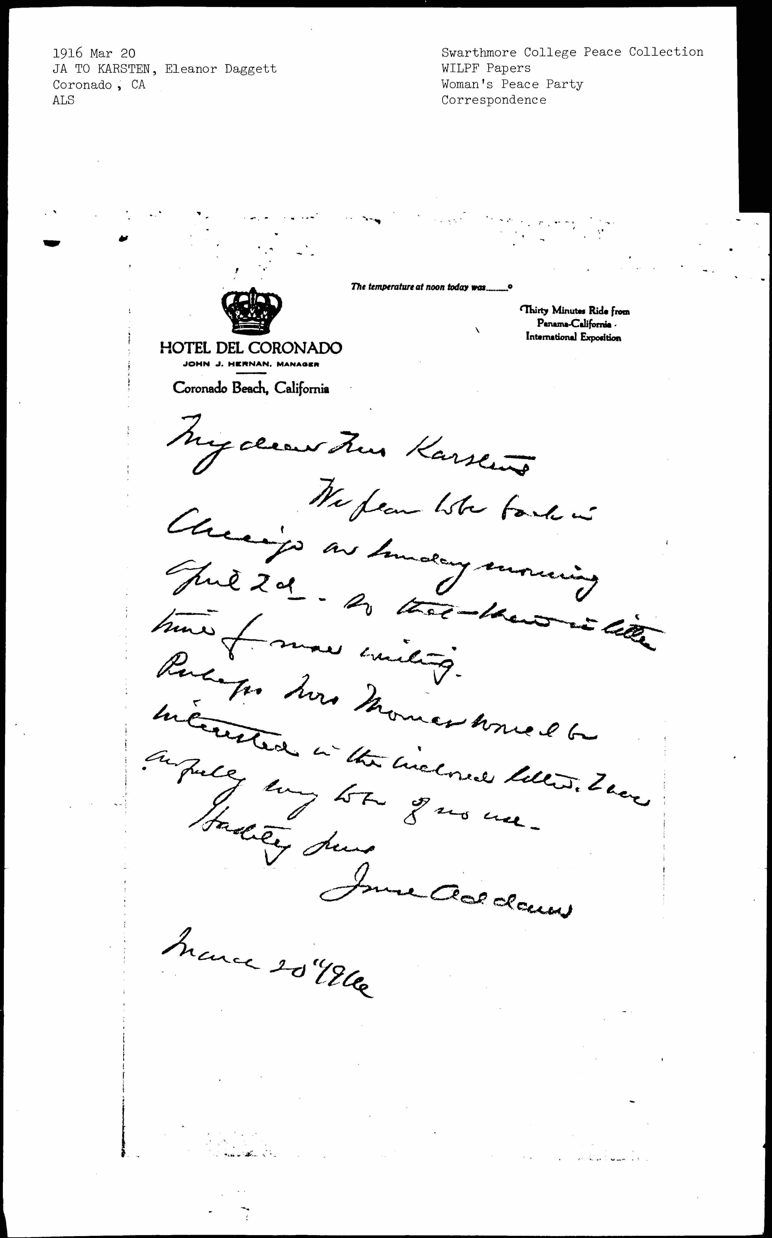 Jane Addams to Eleanor Daggett Karsten, March 20, 1916 · Jane Addams ...