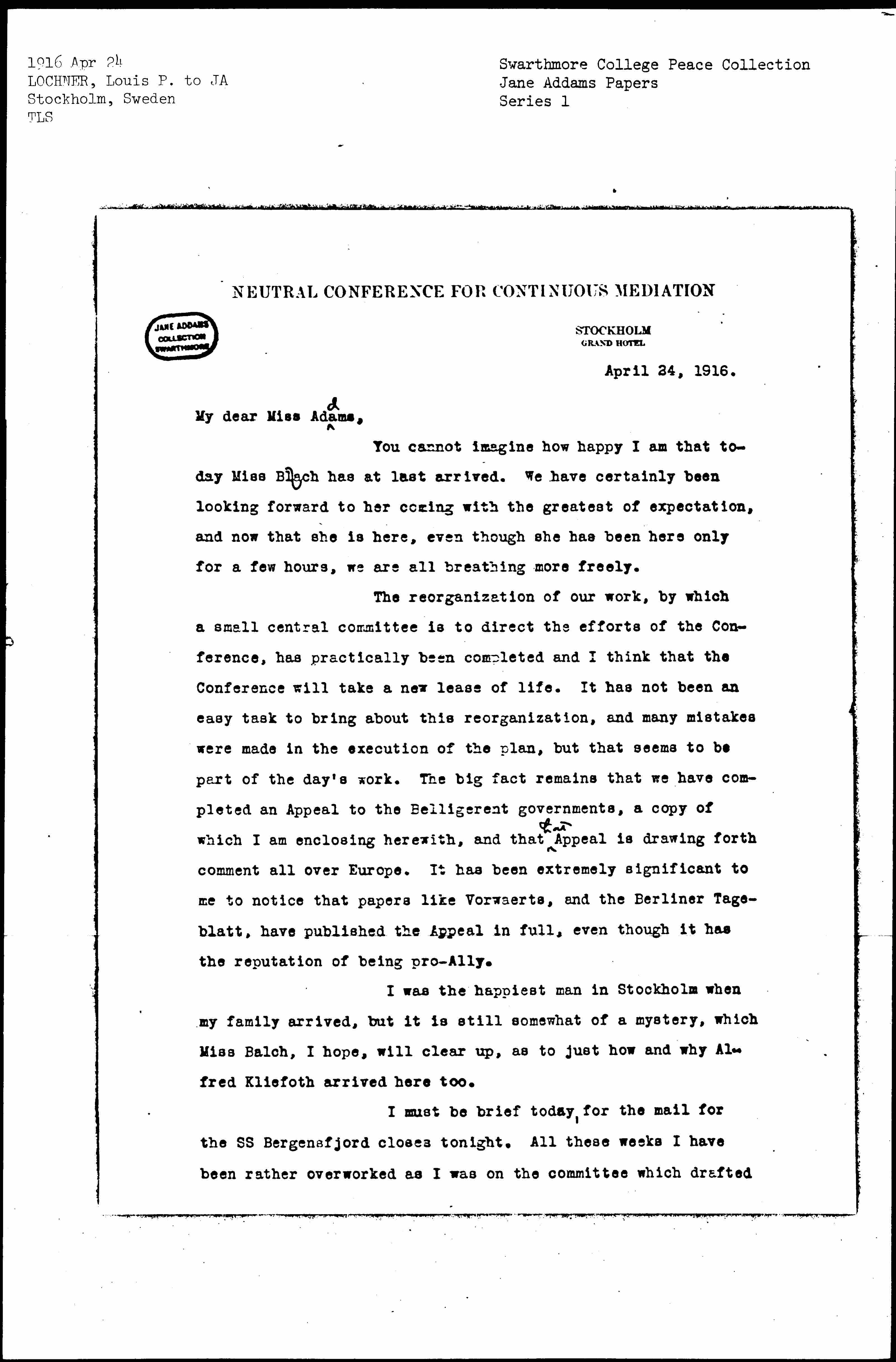 Louis Paul Lochner to Jane Addams, April 24, 1916 · Jane Addams Digital ...