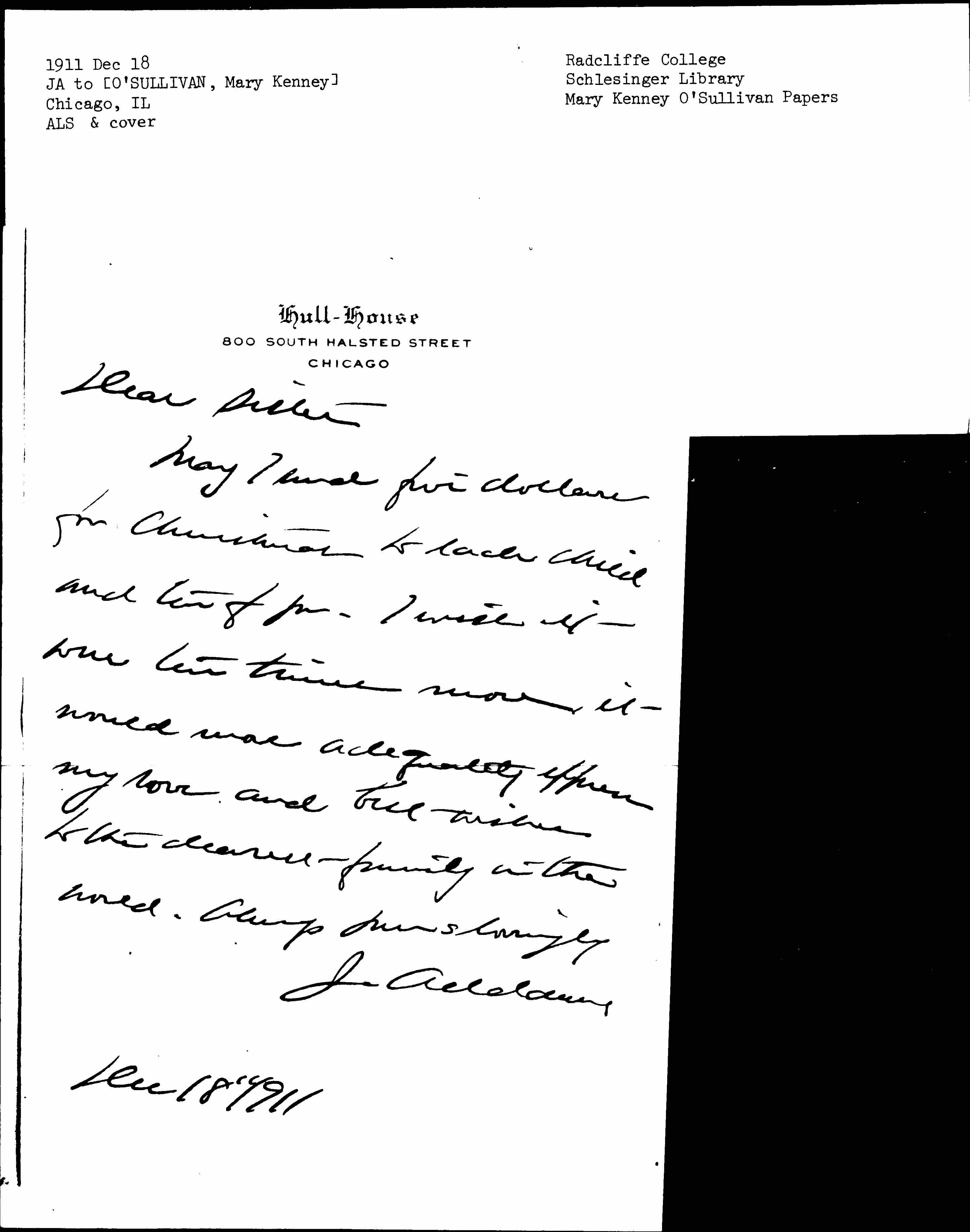 Jane Addams to Mary Kenney O'Sullivan, December 18, 1911 · Jane Addams ...