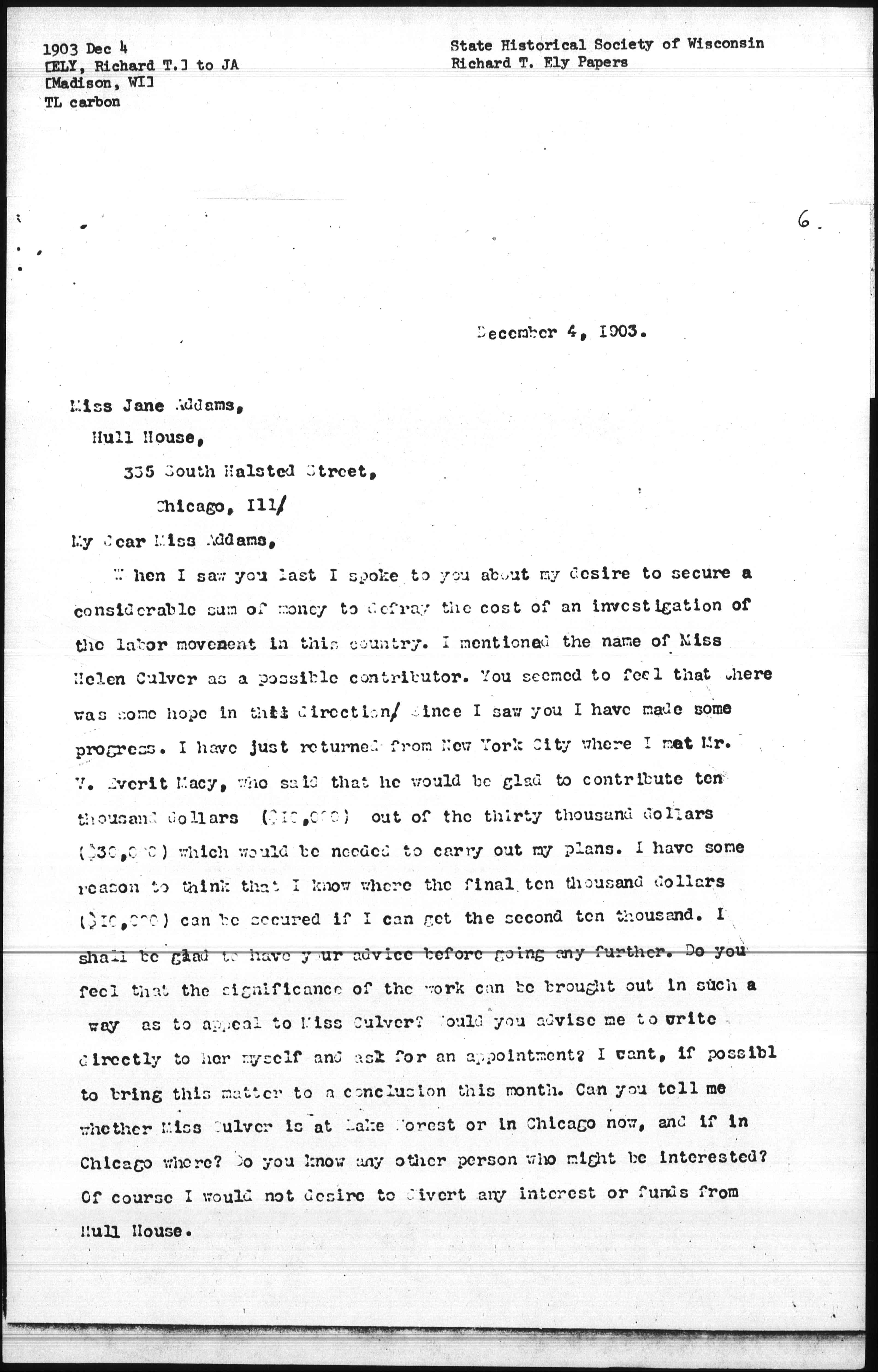 Richard Theodore Ely to Jane Addams, December 4, 1903 · Jane Addams ...