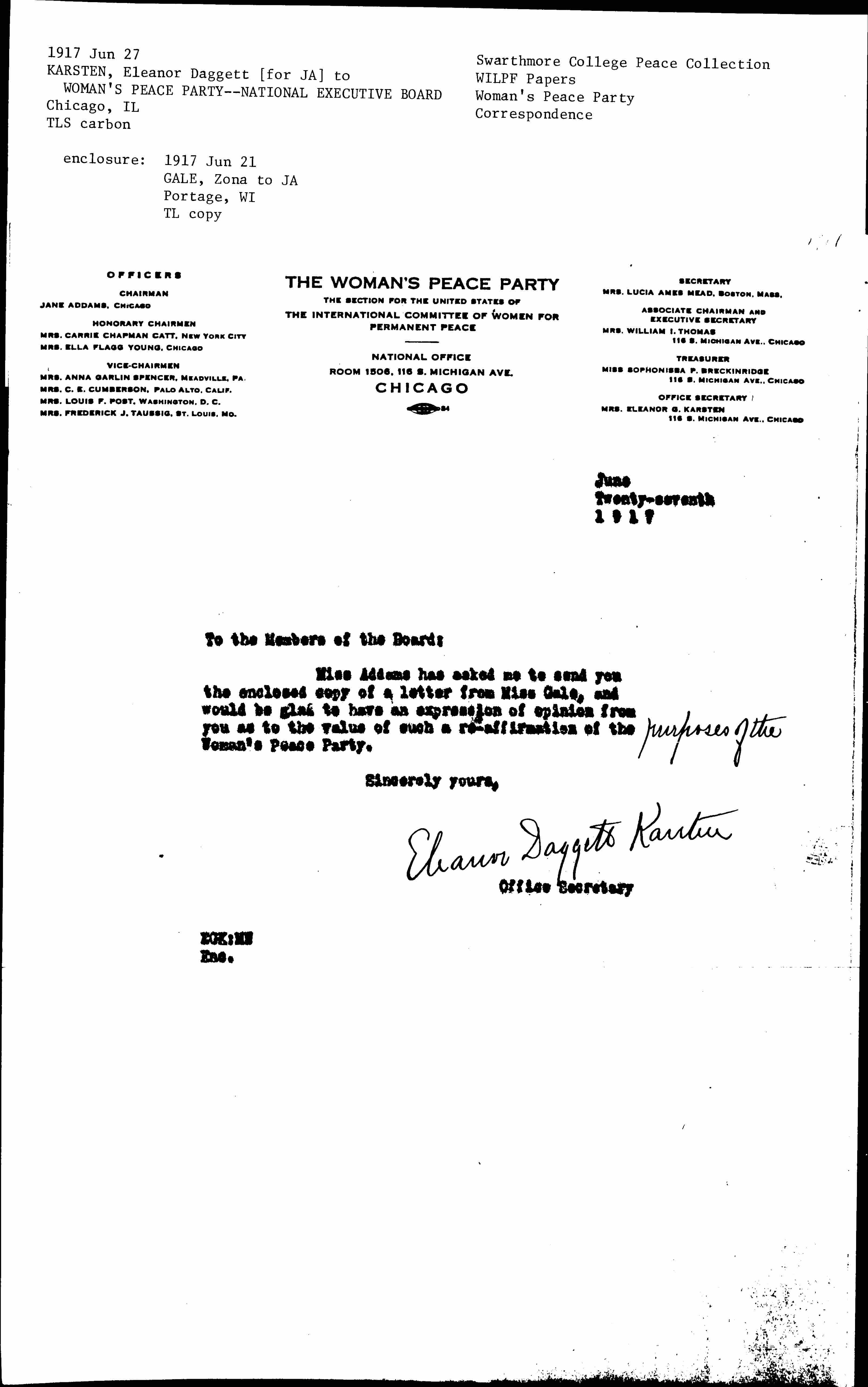 Eleanor Daggett Karsten to the National Executive Board of the Woman's ...