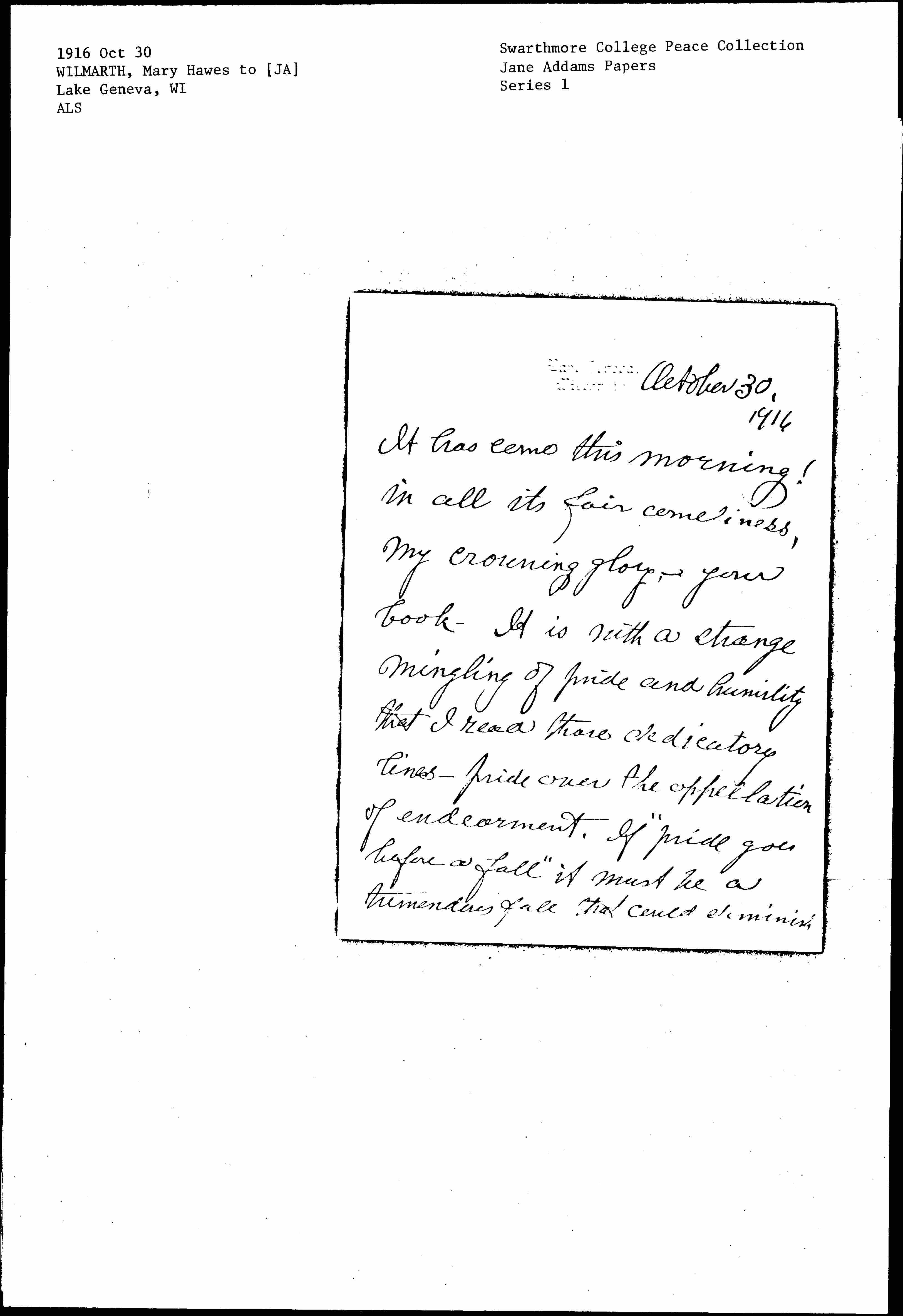 Mary Jane Hawes Wilmarth to Jane Addams, October 30, 1916 · Jane Addams ...