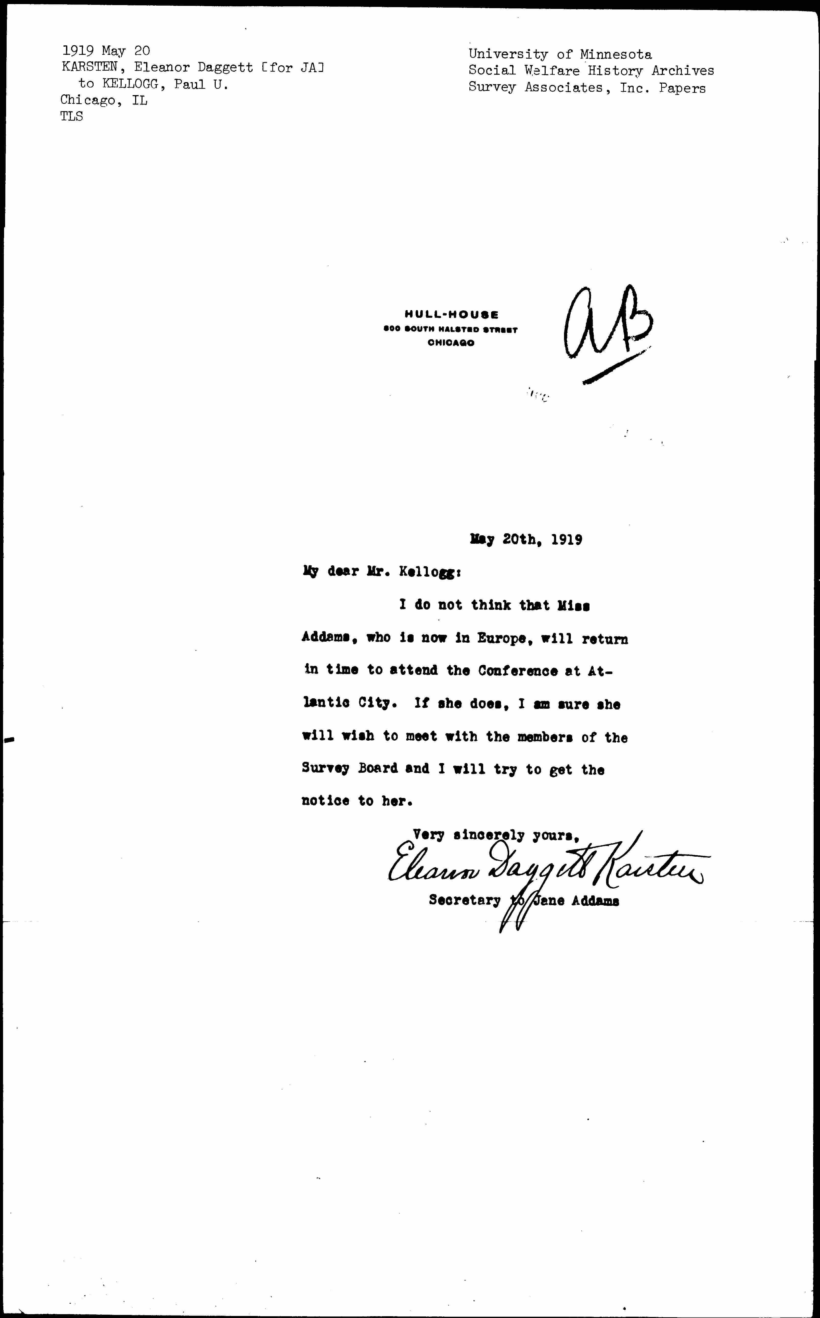Eleanor Daggett Karsten to Paul Underwood Kellogg, May 20, 1919 · Jane ...