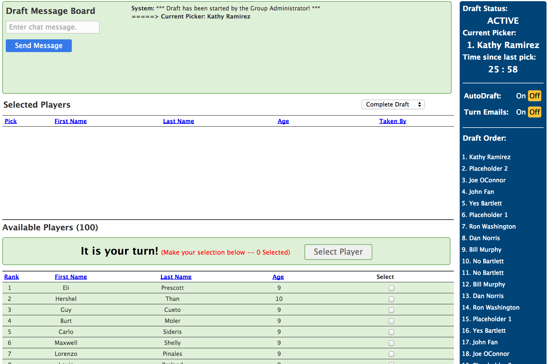 Sample Drafts | Youth Sports League Draft | OnlineDraft