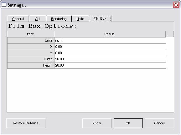 Job Editor Menu > Setup > Preferences... > Film Box