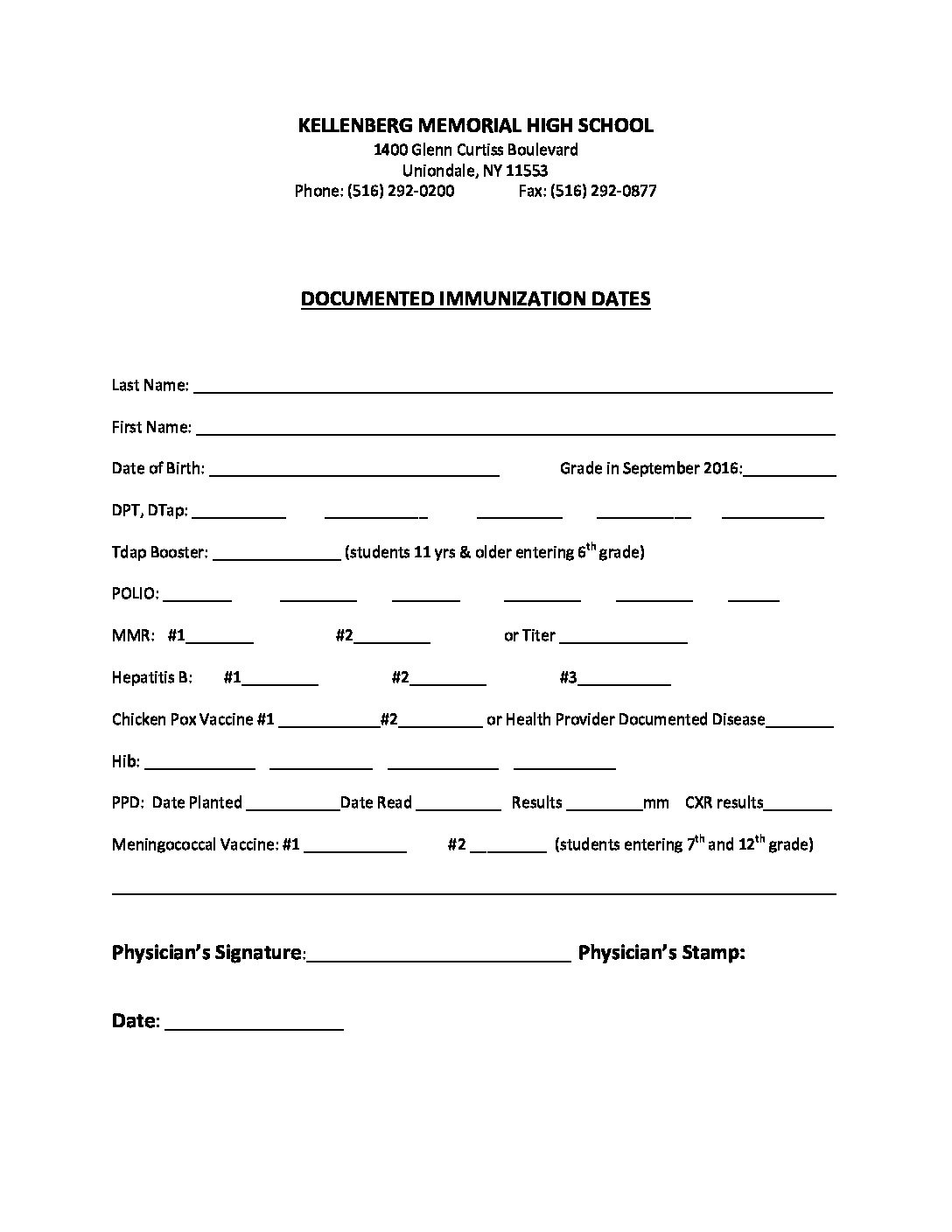 Immunization Form 2016 – Kellenberg Memorial High School