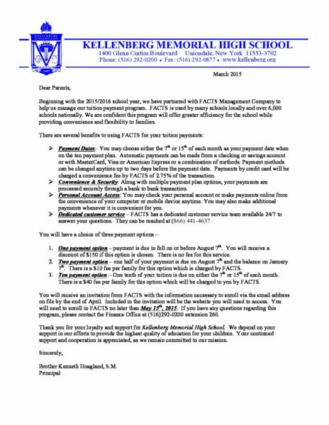 FACTS Parent Letter – Kellenberg Memorial High School