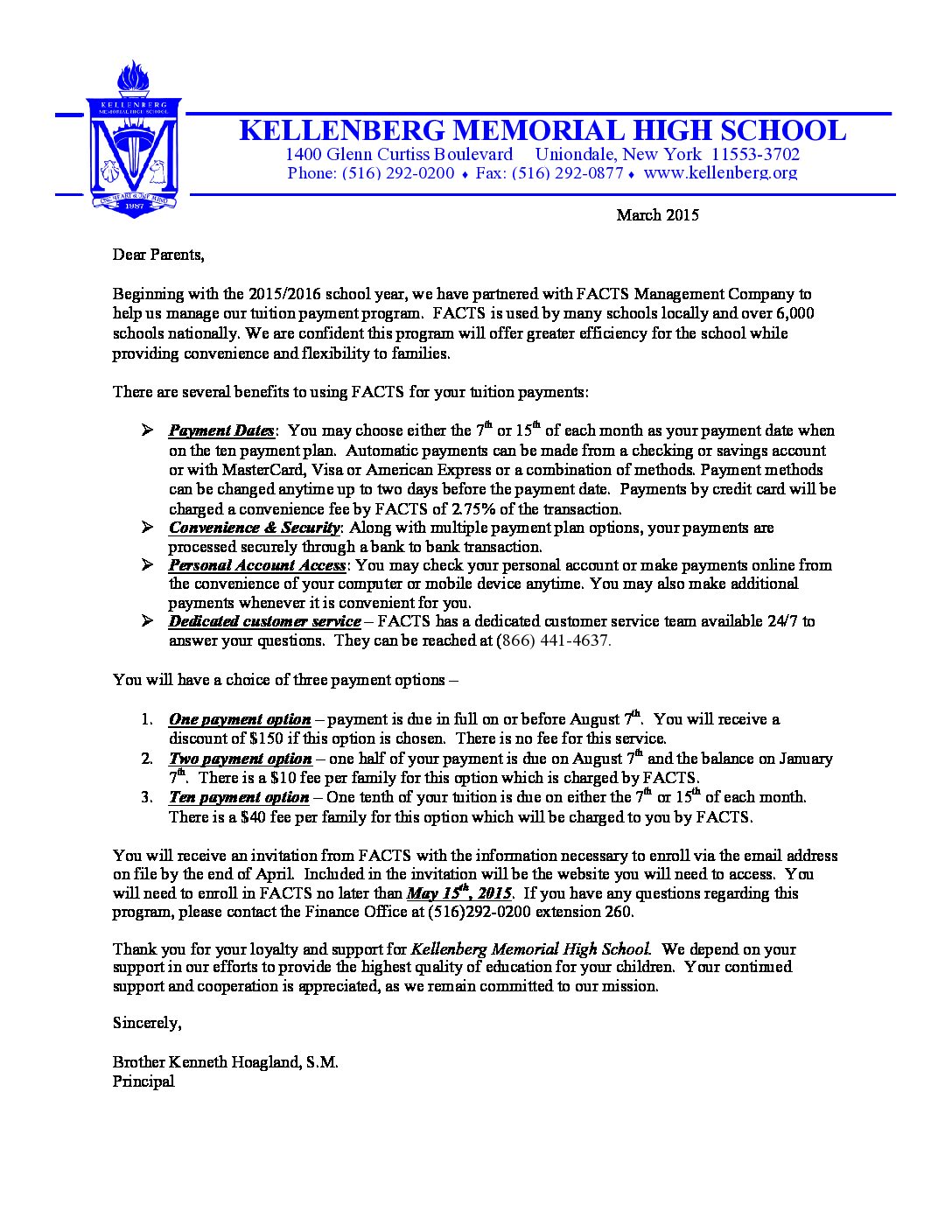 FACTS Parent Letter – Kellenberg Memorial High School