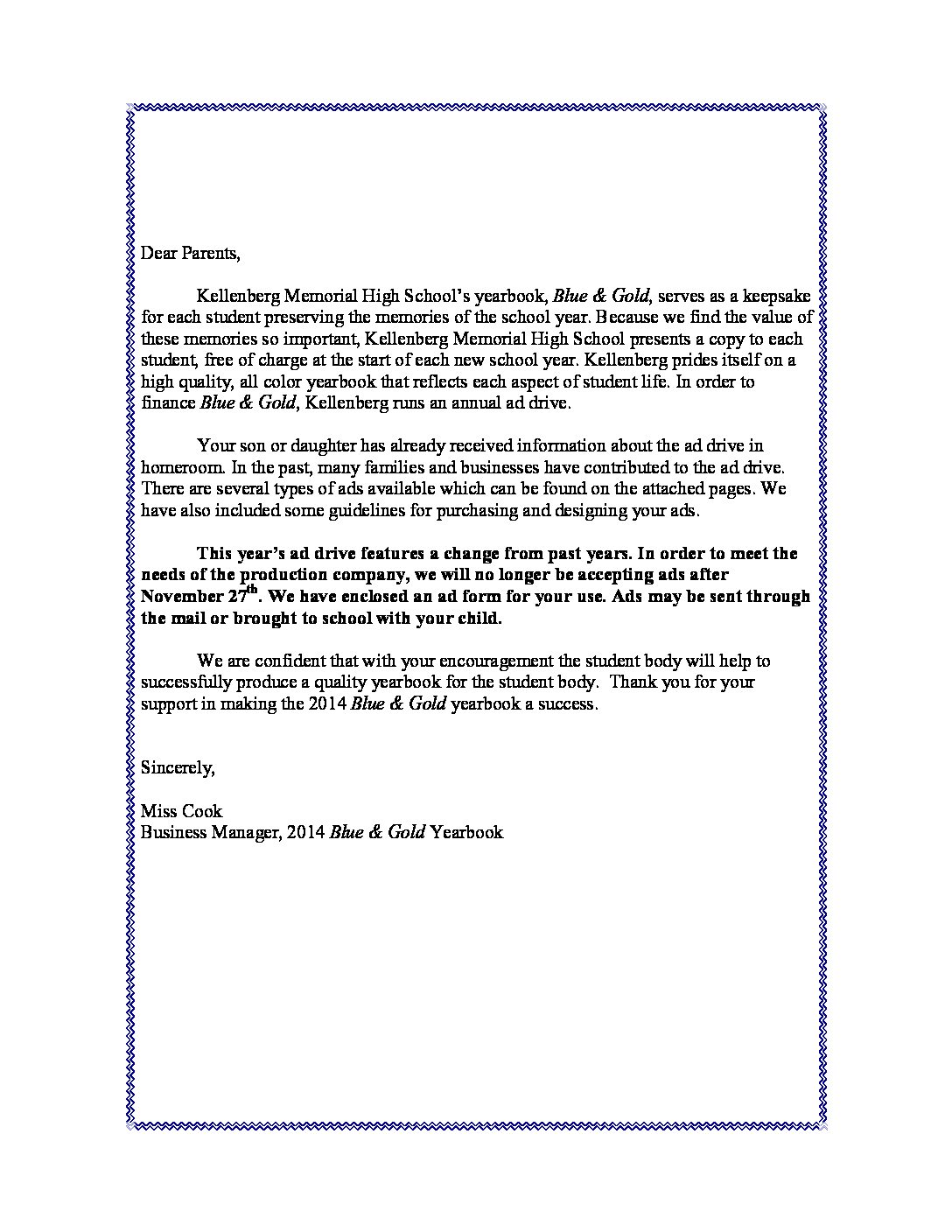 2013-2014 Yearbook Parent Letter – Kellenberg Memorial High School