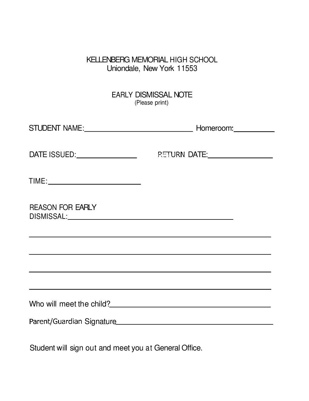 dismissal note – Kellenberg Memorial High School